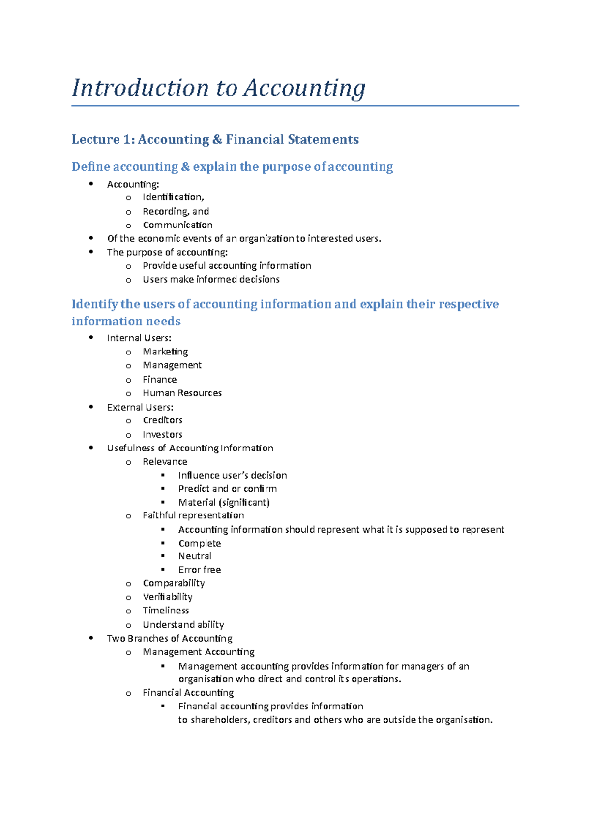 Introduction to Accounting Notes - Introduction to Accounting Lecture 1 ...