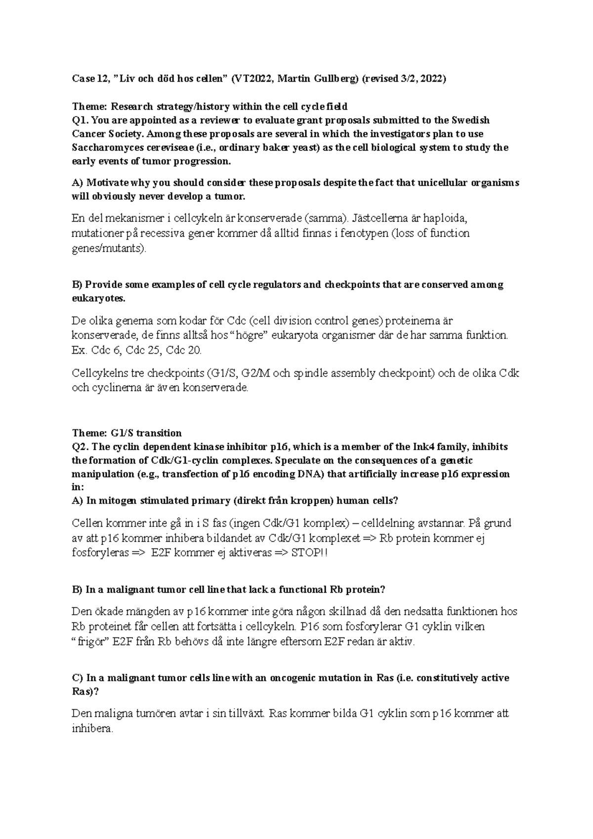 CASE 10 svar Osof - Case 12, ”Liv och död hos cellen” (VT2022, Martin ...