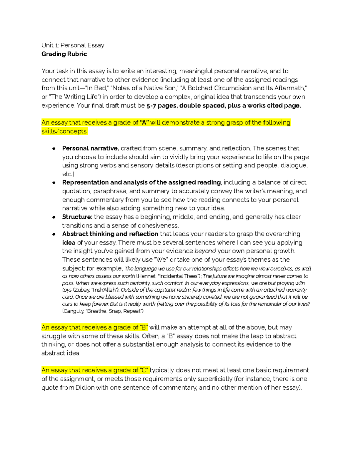 Grading Rubric - Unit 1: Personal Essay Grading Rubric Your task in ...
