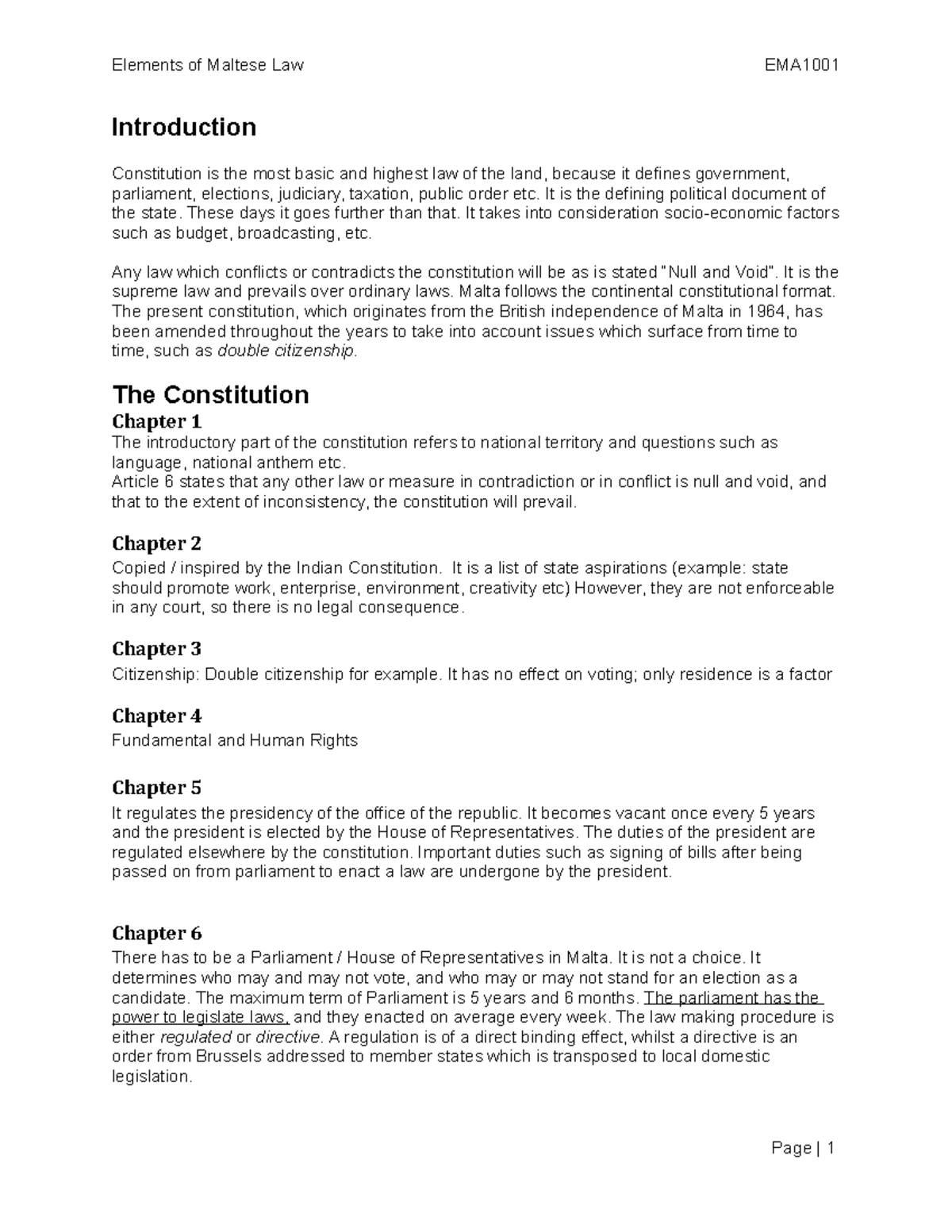 Elements of Maltese Law 1st Semester - Elements of Maltese Law EMA1001 ...