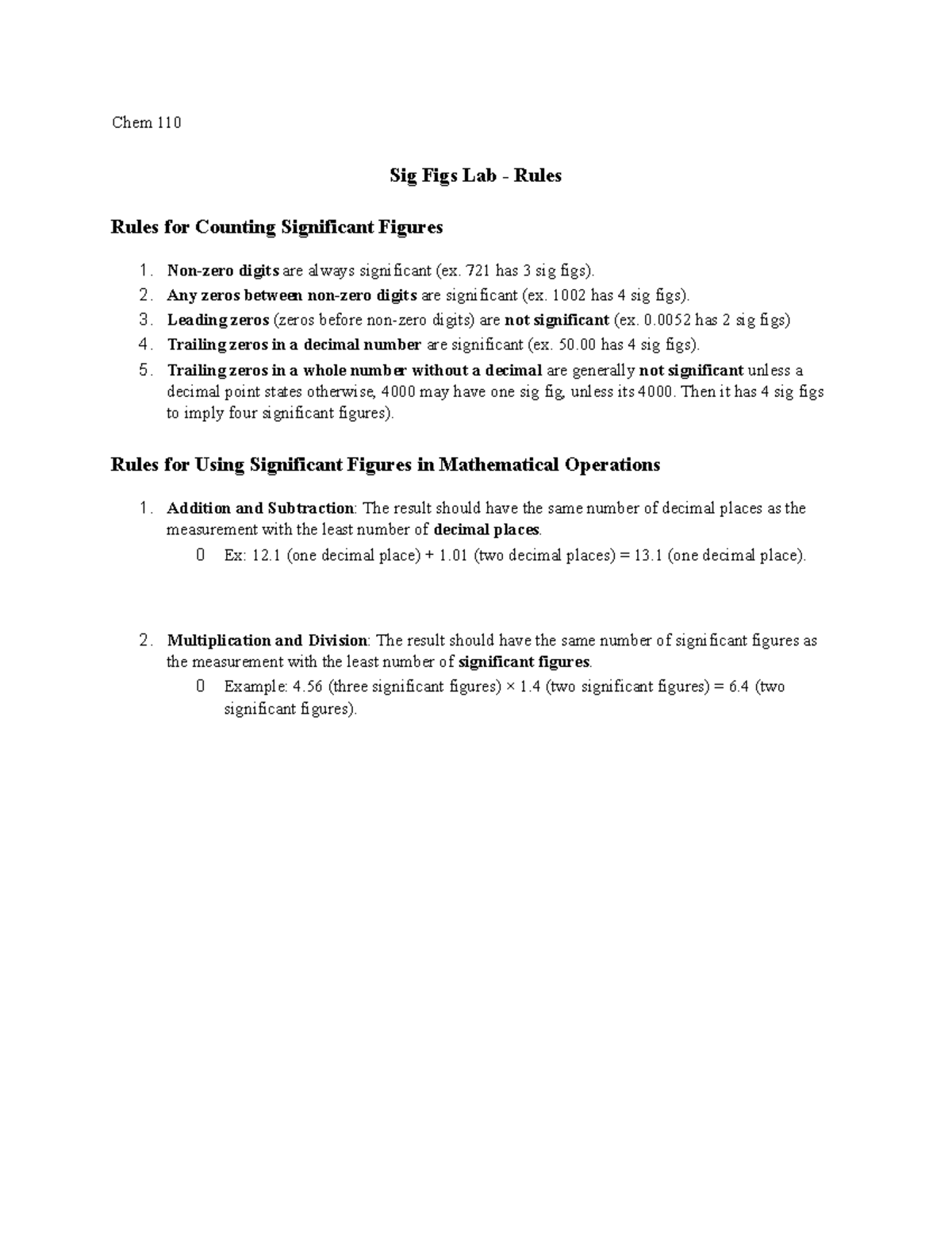 Sifig lab rules - sigfig pre lab - Chem 110 Sig Figs Lab - Rules Rules ...
