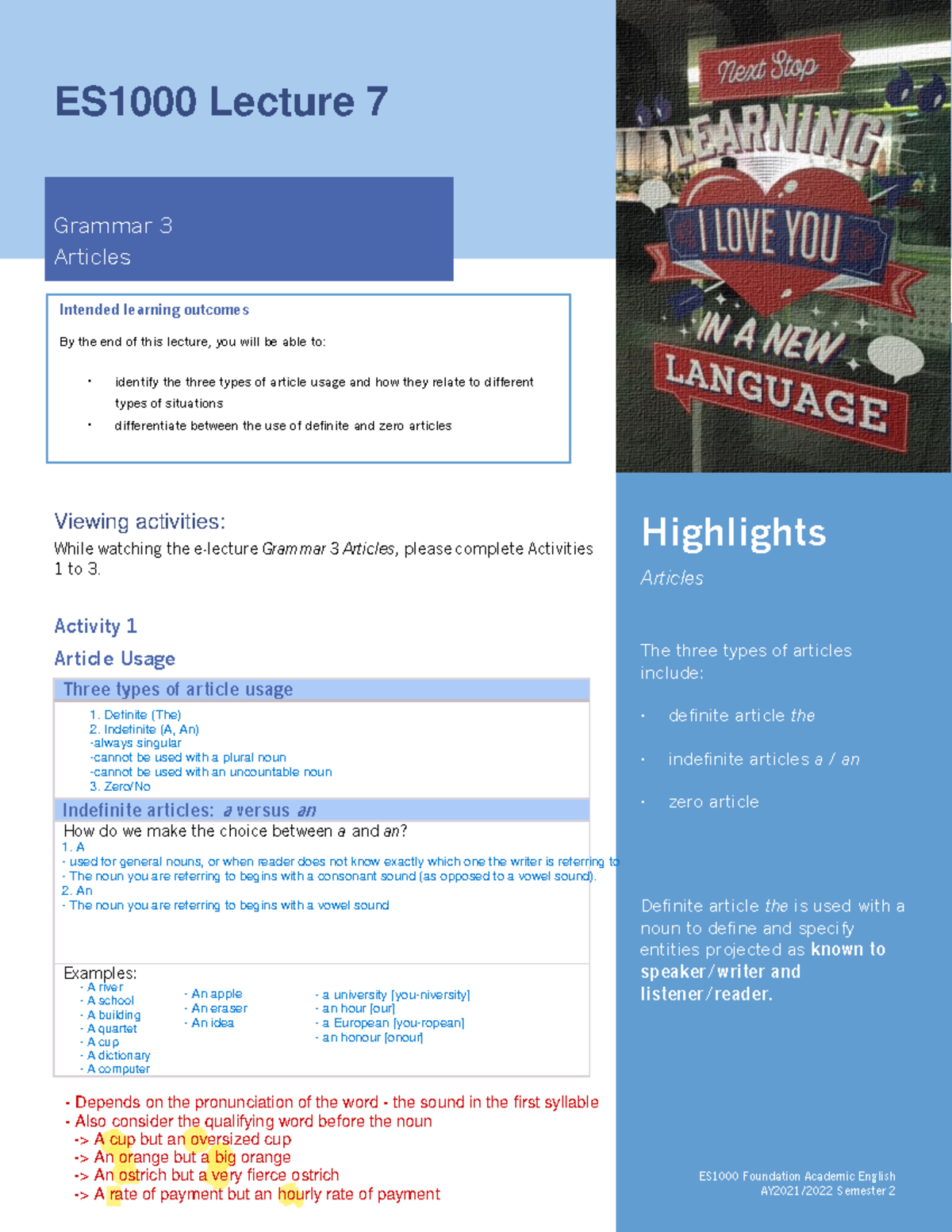 ES1000 Lecture 7 Grammar 3 - ES1000 Foundation Academic English ES1000 Lecture 7 Grammar 3 ...