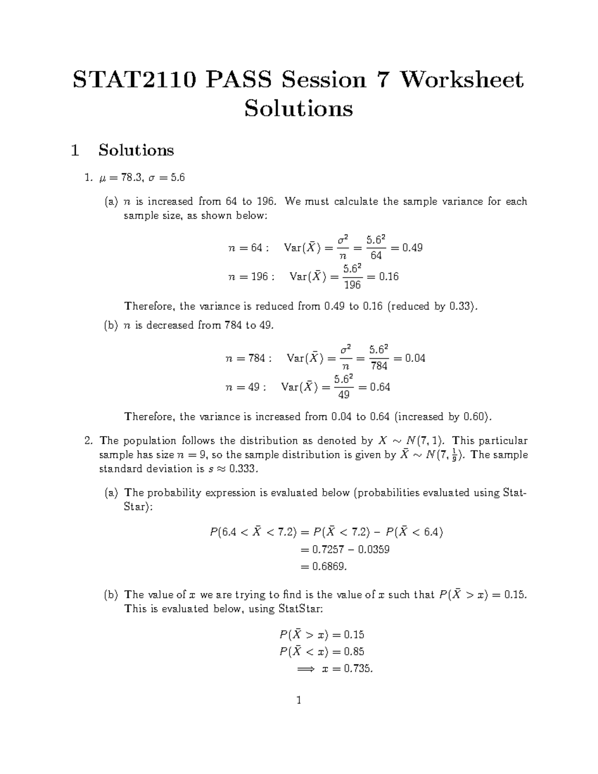 STAT2110 PASS Session 7 Worksheet Solutions - 6 (a) n is increased from ...