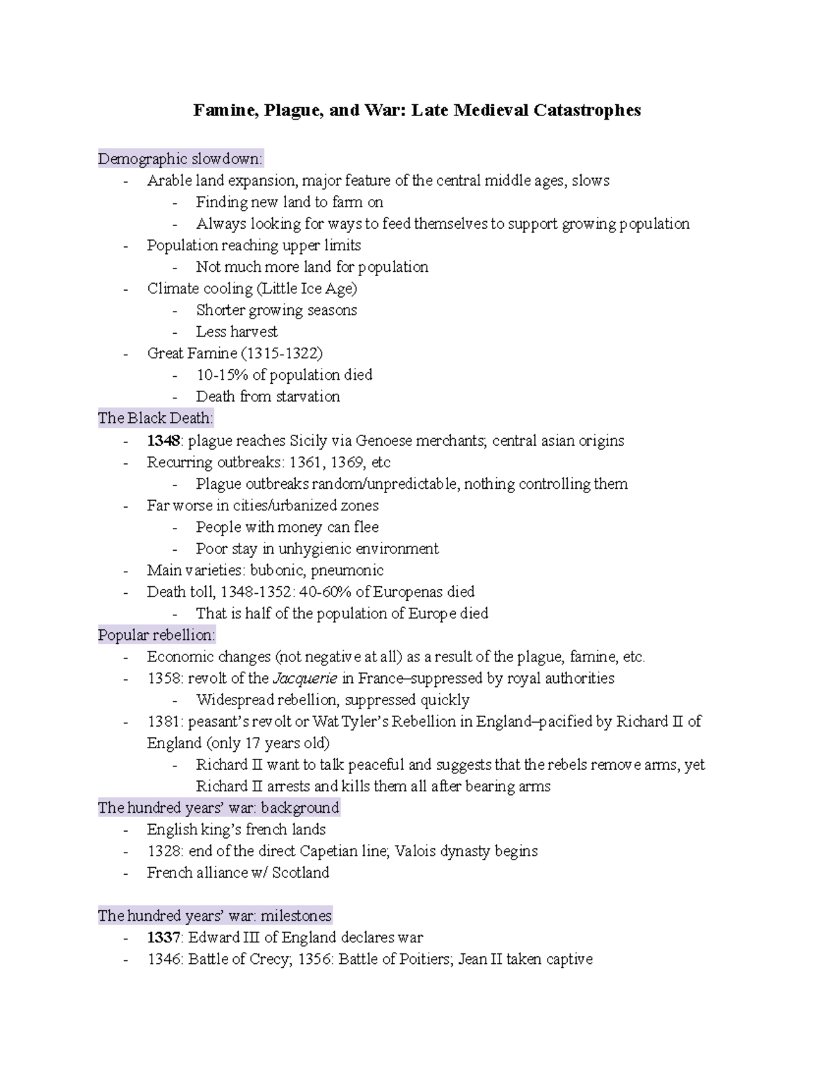 Famine, Plague, and War: Late Medieval Catastrophes - Famine, Plague ...