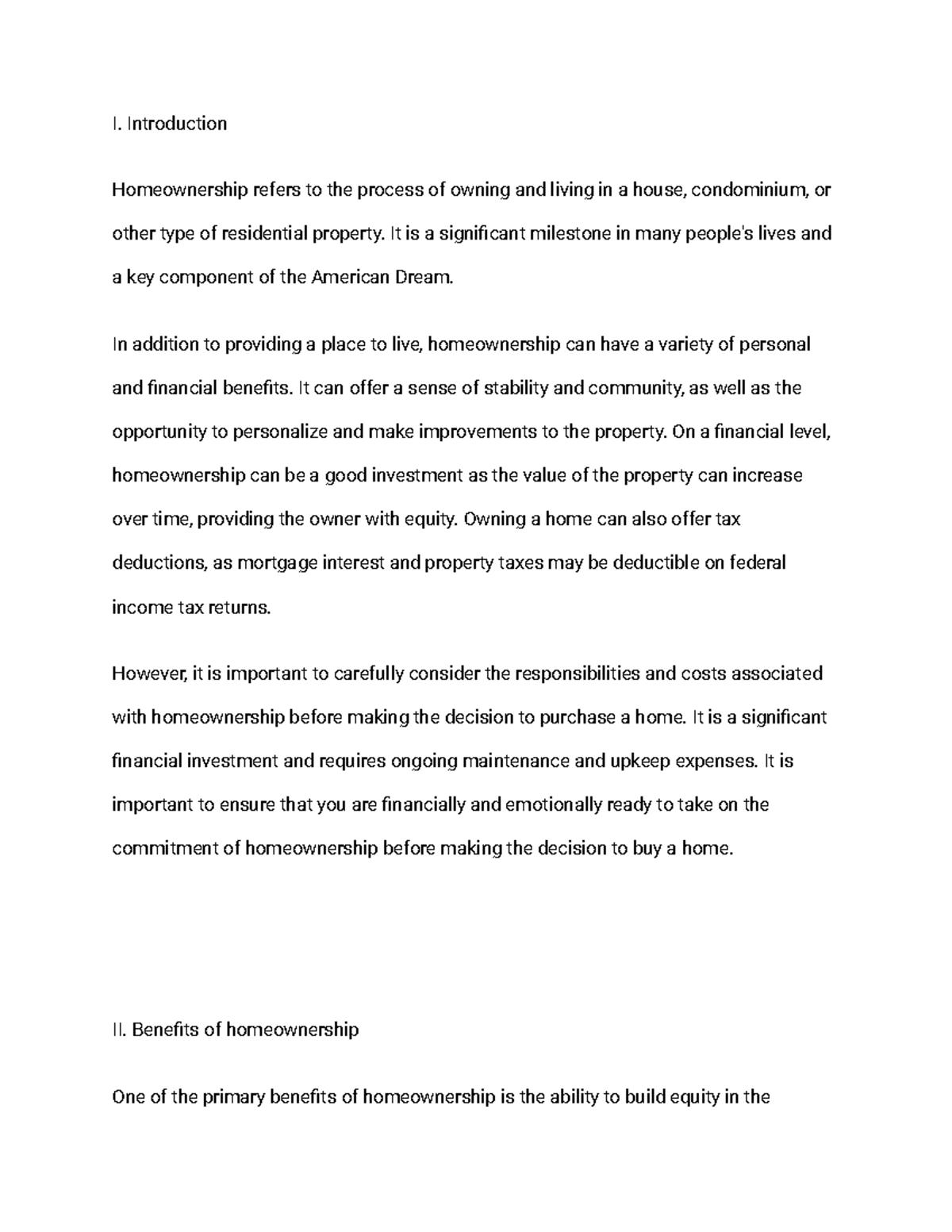 Basics of Homeownership - I. Introduction Homeownership refers to the ...