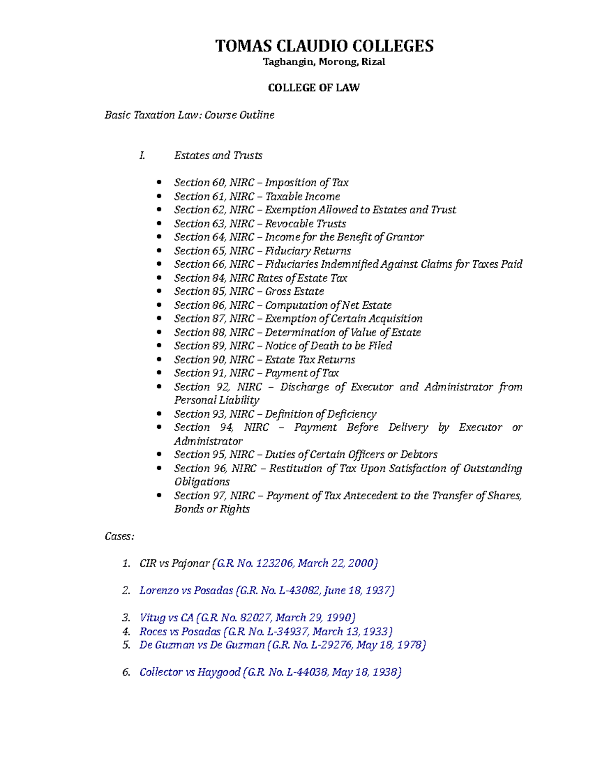 Basic Taxation LAW - law - TOMAS CLAUDIO COLLEGES Taghangin, Morong ...