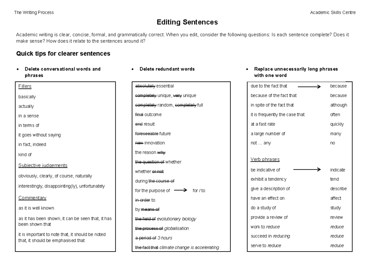 Editing sentences handout - Fillers basically actually in a sense in ...