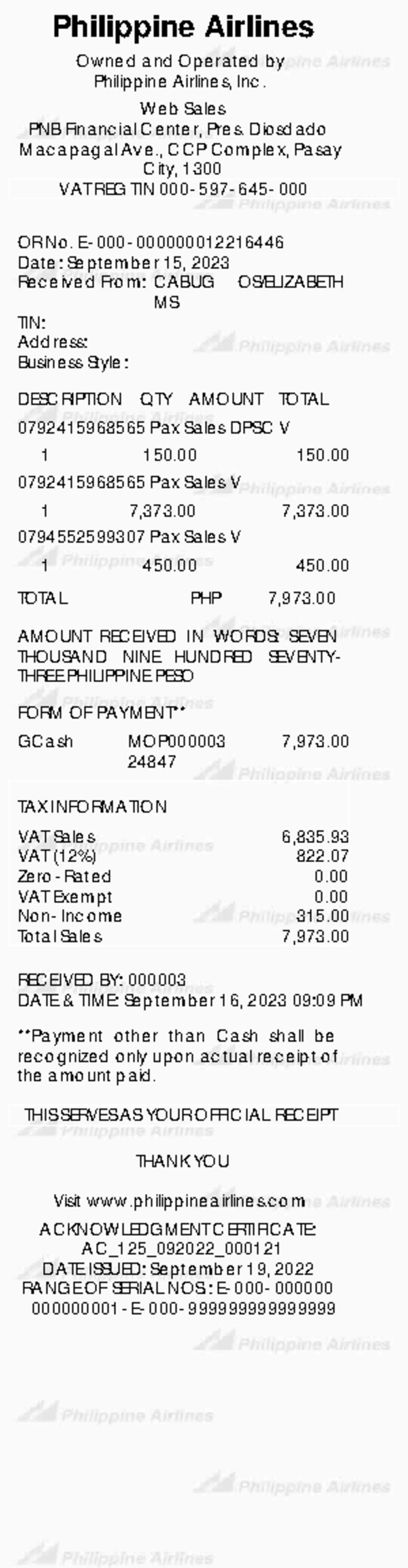 Palweb E-000-000000012216446 15SEP2023 - OR No. E- 000- 000000012216446 ...