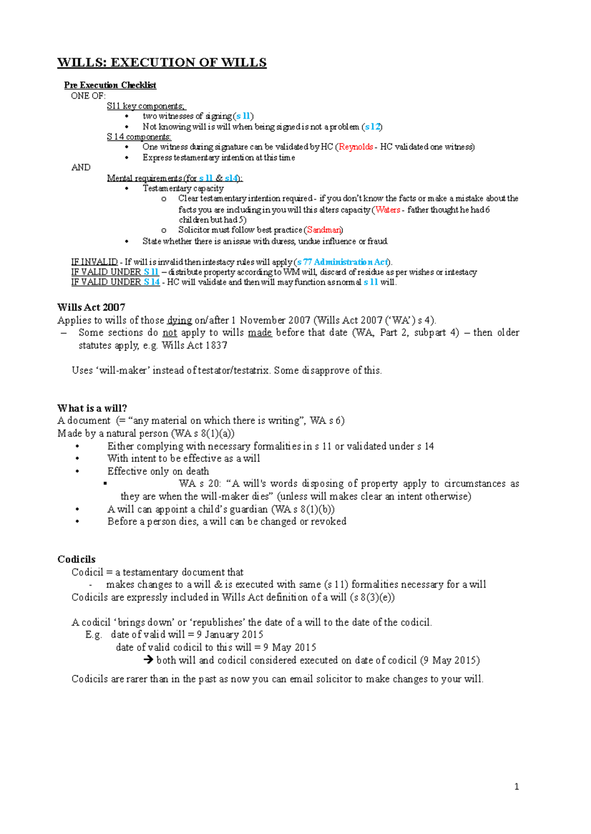 Wills - Summary Equity and Trusts - WILLS: EXECUTION OF WILLS Pre ...