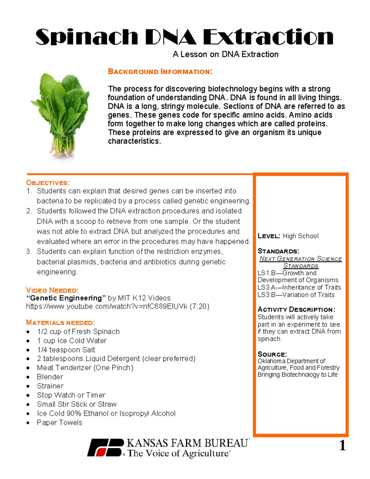 DNASpinach HSLesson - DNA extraction - Spinach DNA Extraction $ /HVVRQ ...