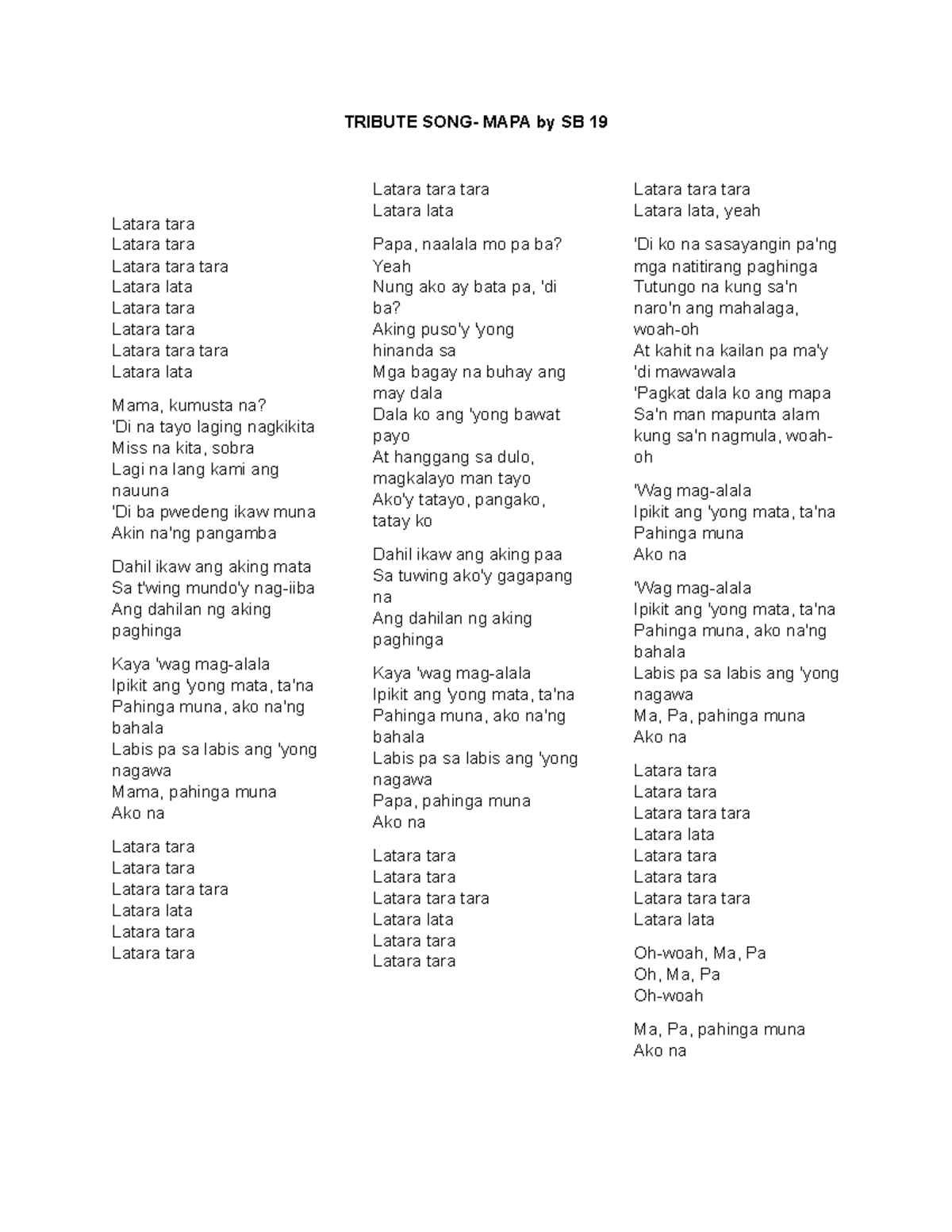 Pinning Songs - Handout - TRIBUTE SONG- MAPA by SB 19 Latara tara ...