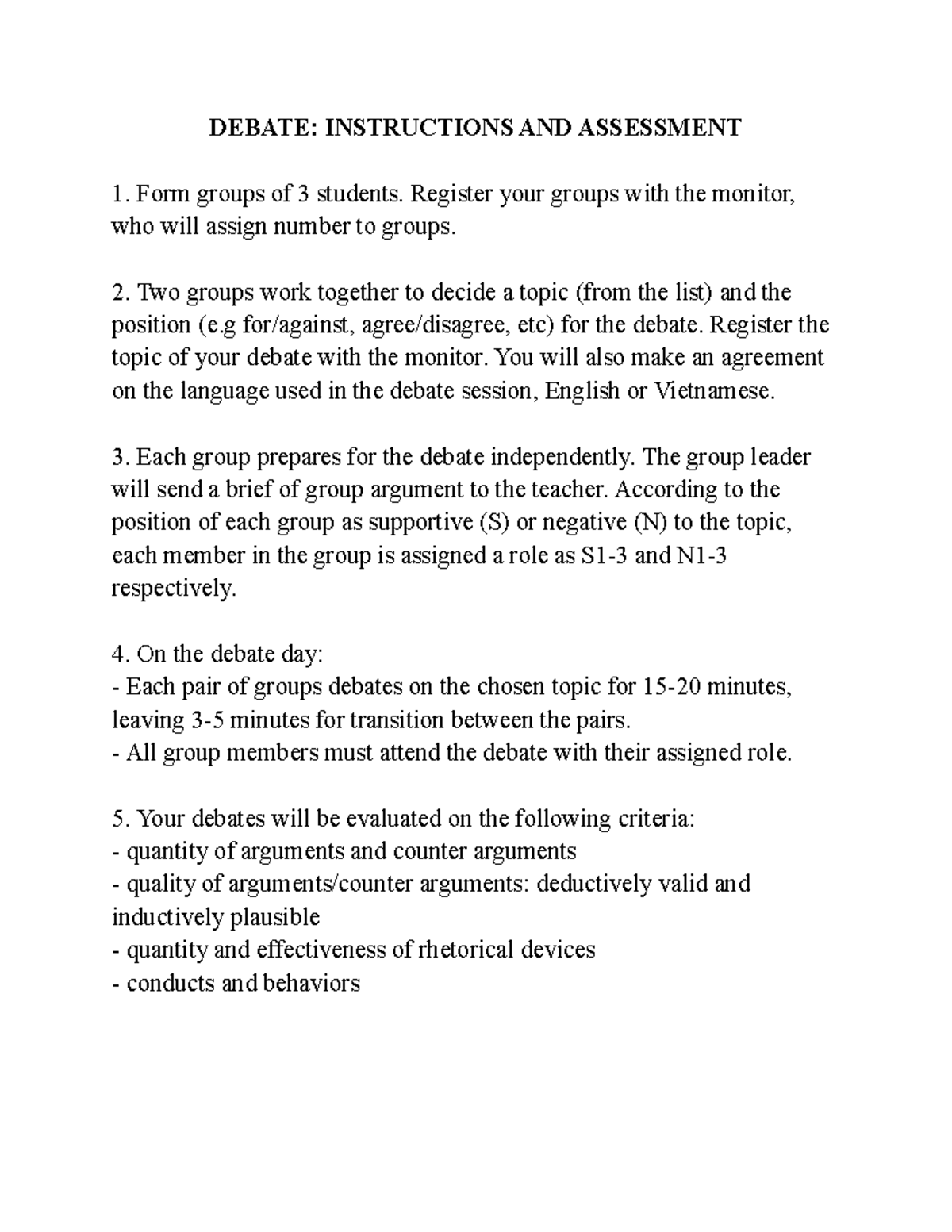 Instruction for the debate session - DEBATE: INSTRUCTIONS AND ...