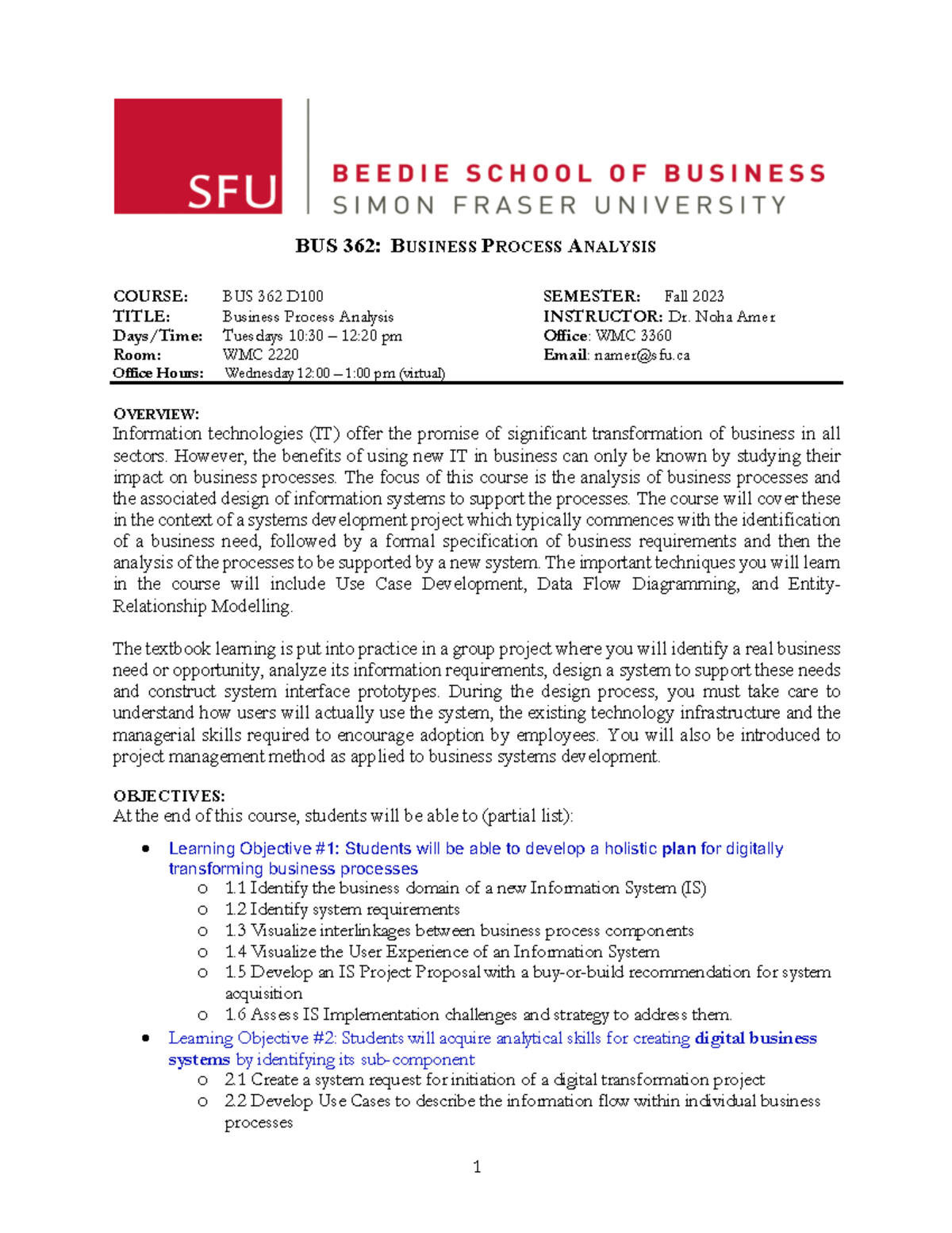 Syllabus - BUS 362: BUSINESS PROCESS ANALYSIS COURSE: BUS 362 D100 ...