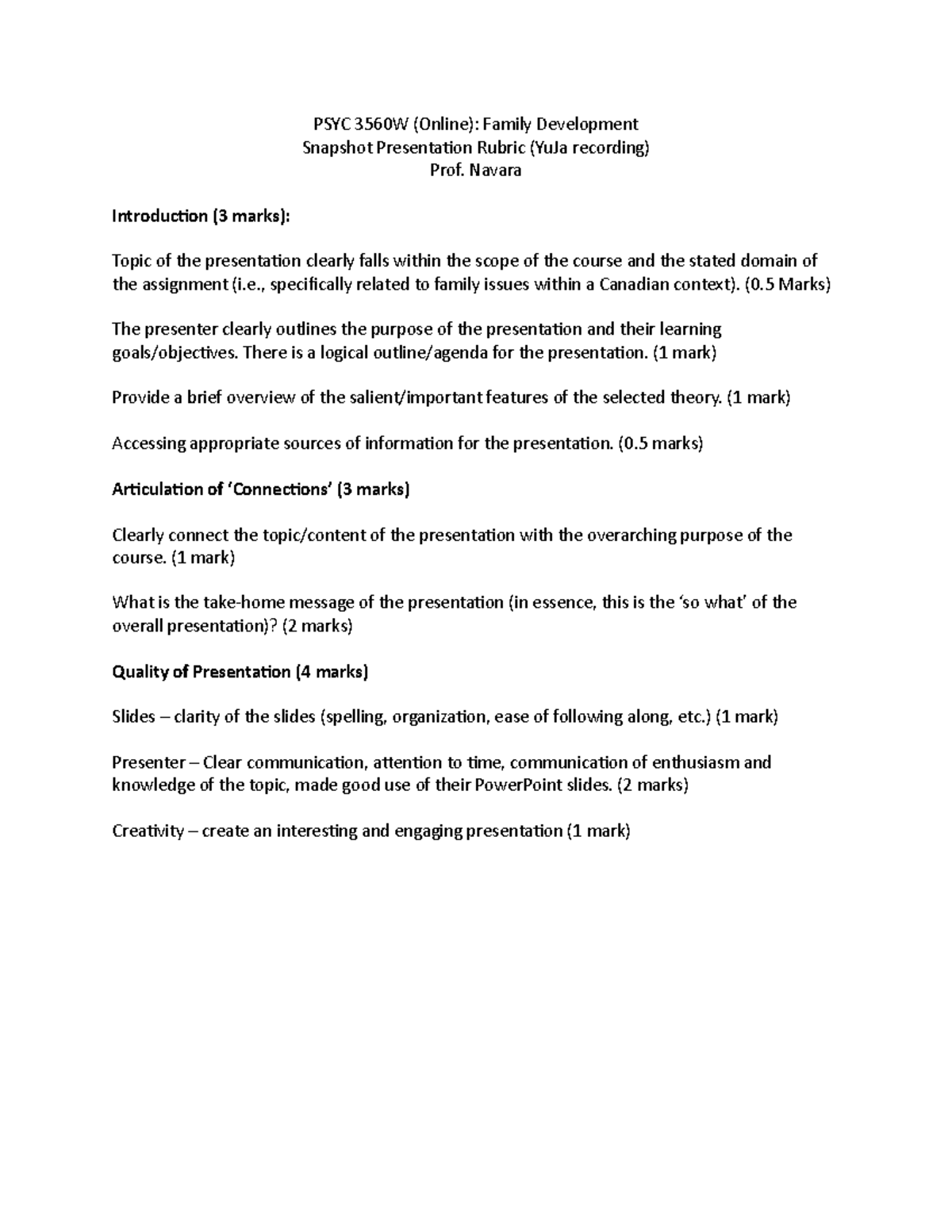 PSYC 3560W - Snapshot Presentation Rubric June 2021 - Snapshot ...