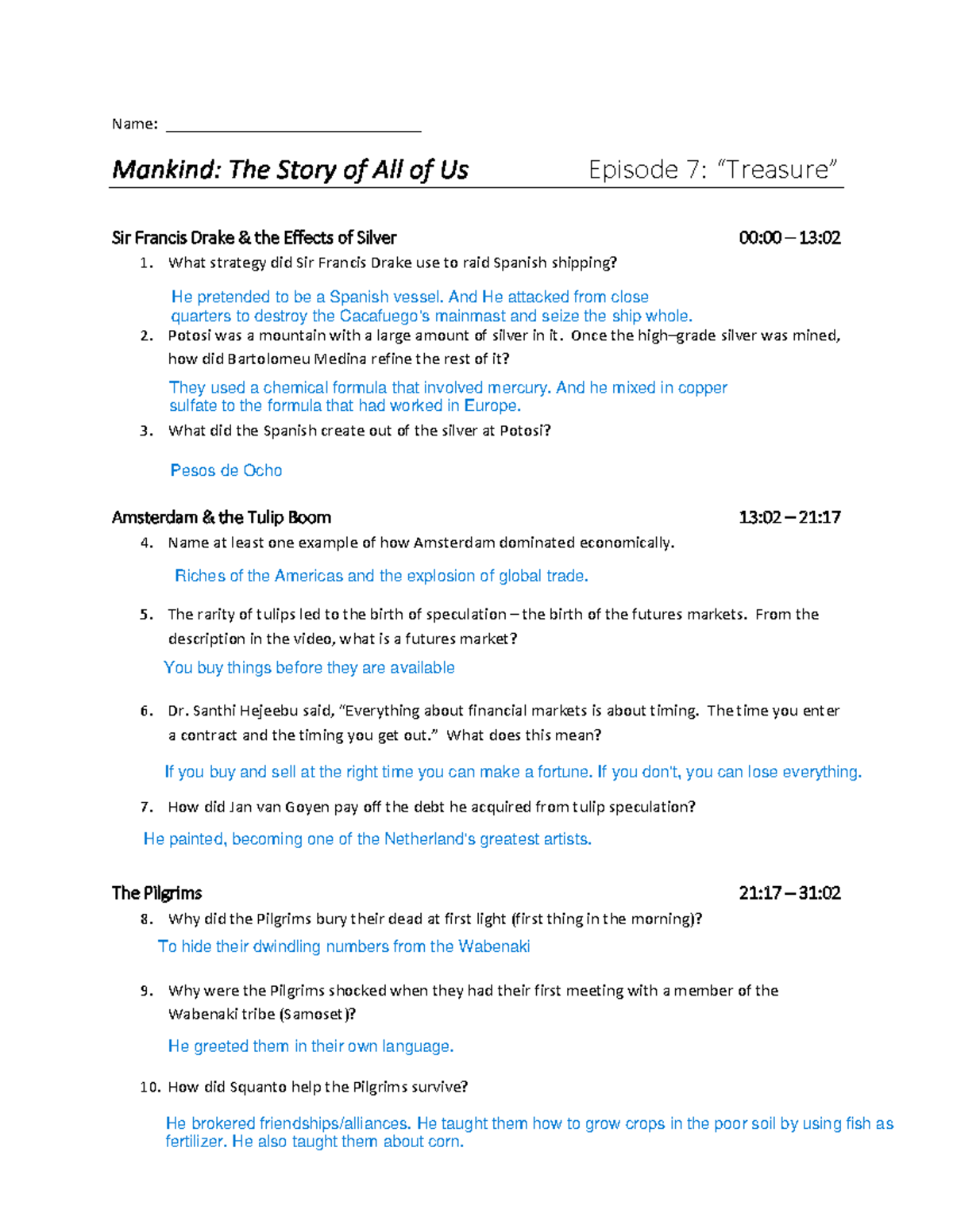 Mankind 7 - Name: ______________________________ Episode 7: Treasure ...