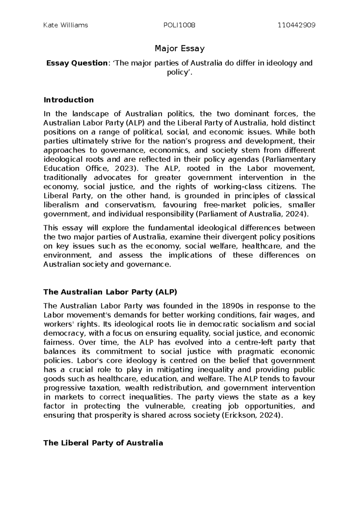 Essay - Major Essay Essay Question: ‘The major parties of Australia do ...
