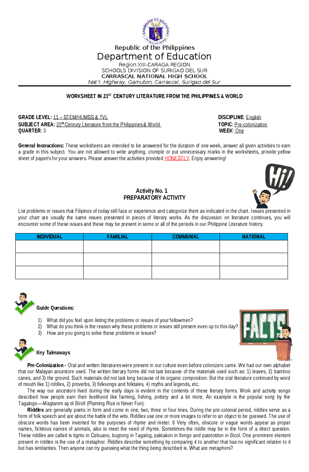 Week 1 (Worksheets) - WORKSHEET - Republic of the Philippines ...