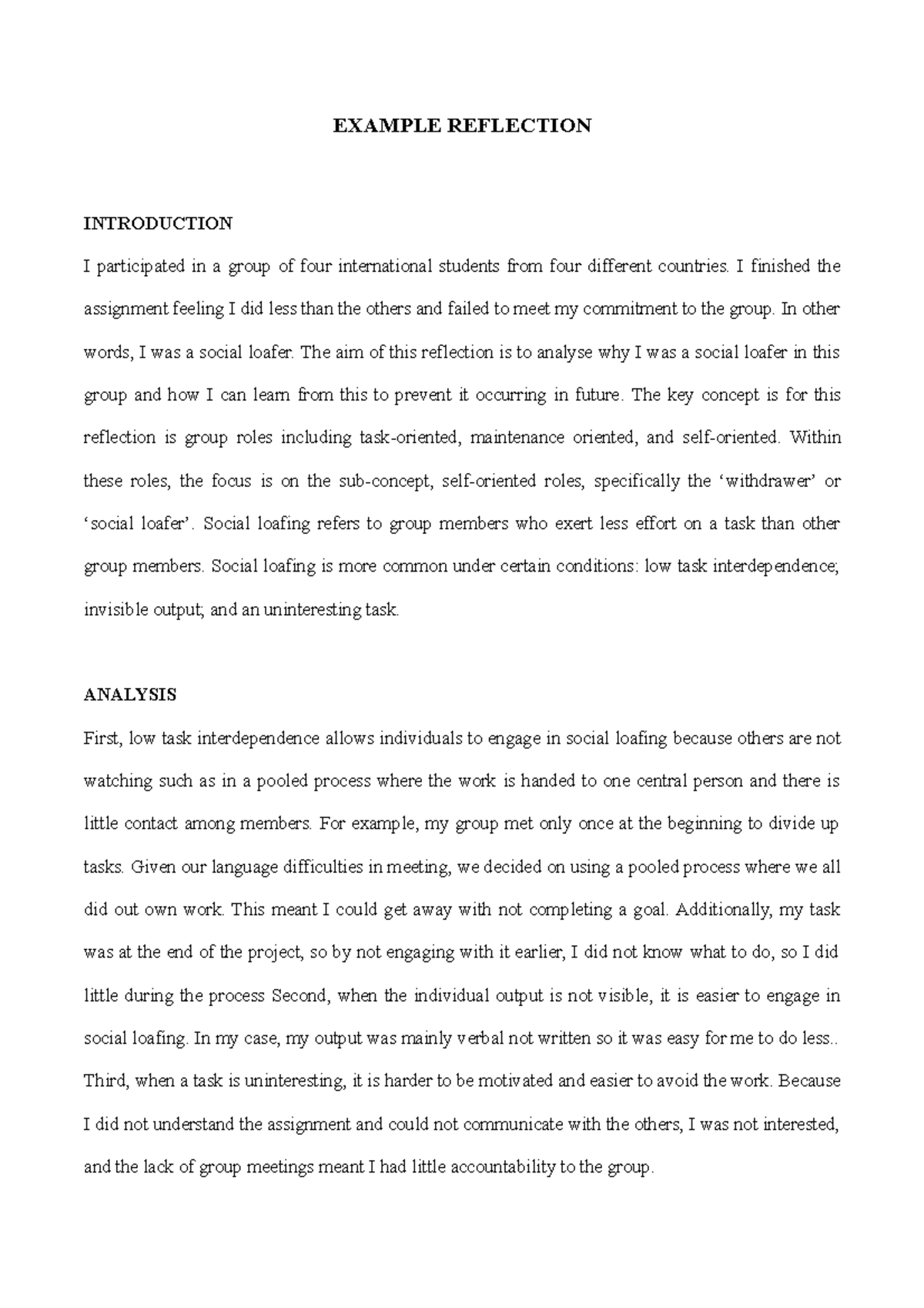 Example of Reflection on a single group experience Social Loafing-1 ...