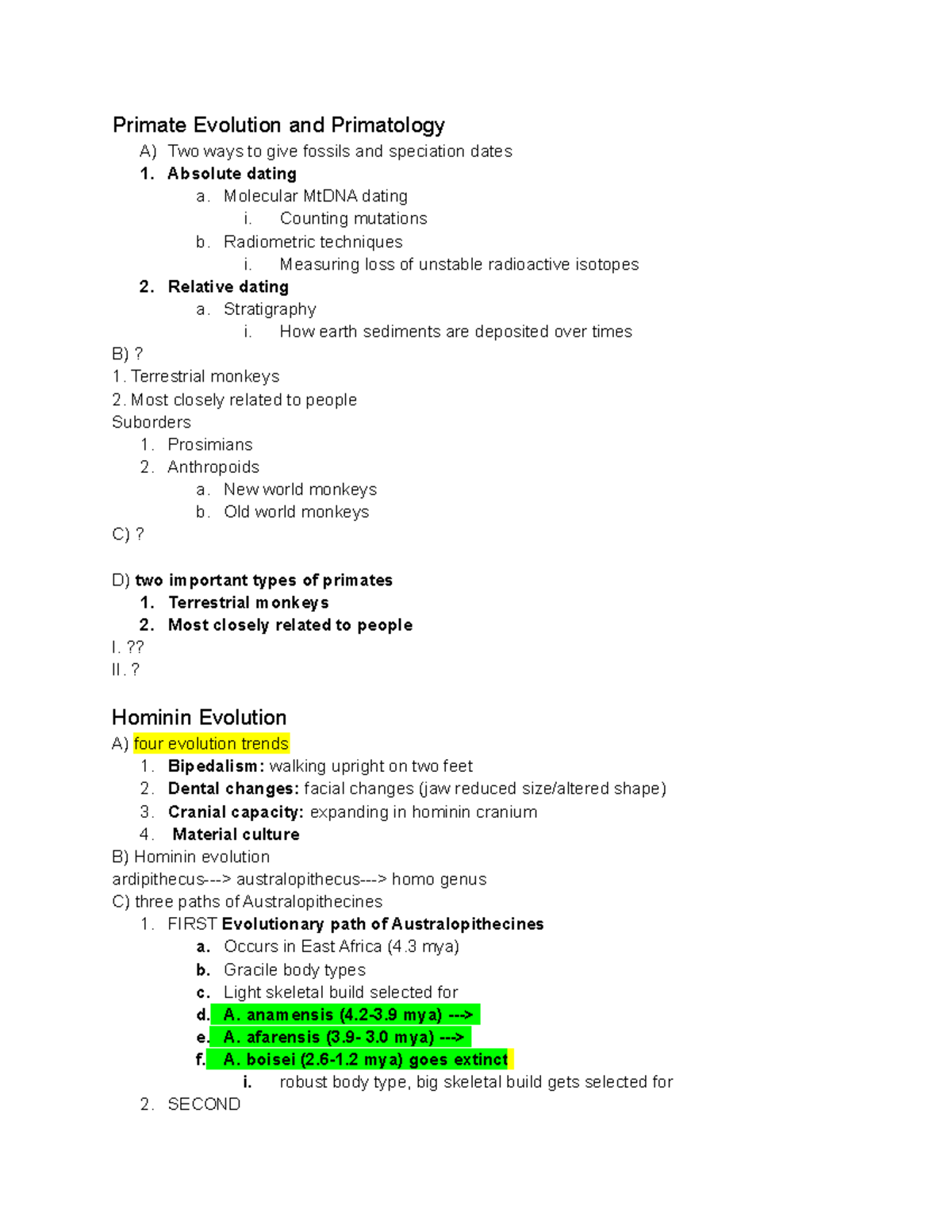 Anthro unit 2 test - test 2 study guide - Primate Evolution and ...