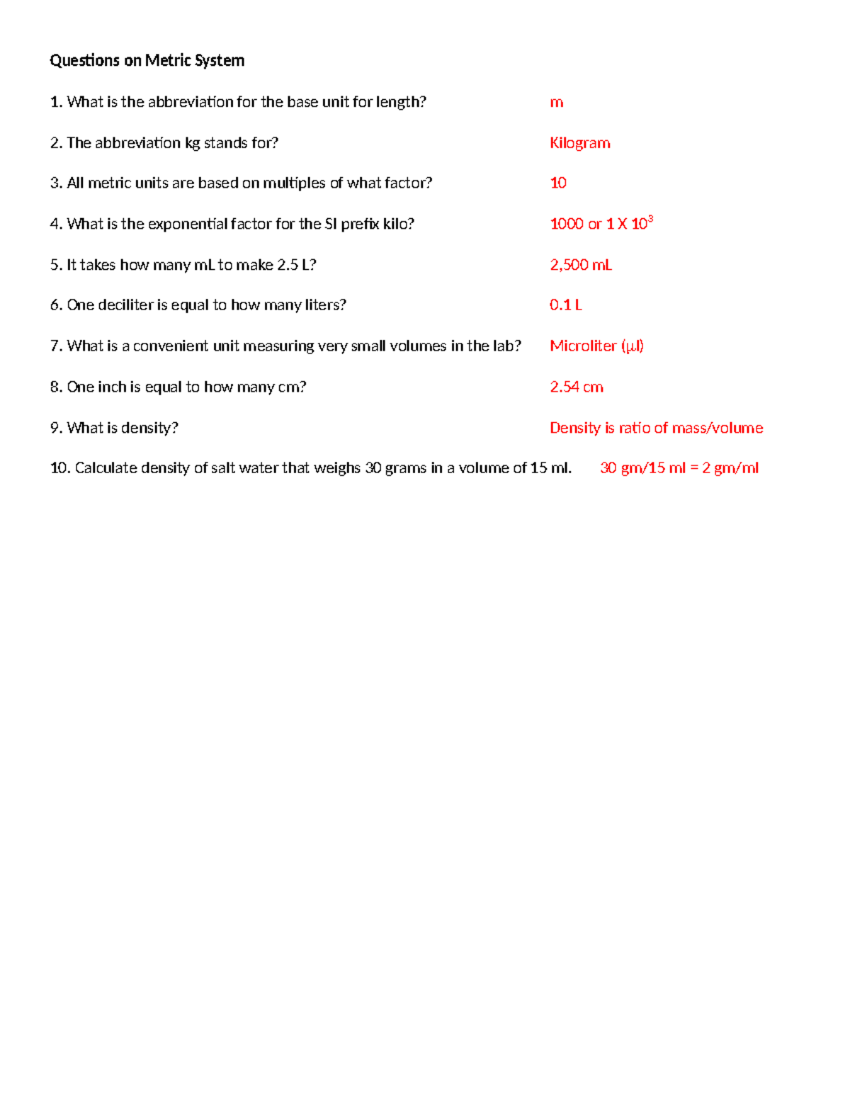 Questions on Metric System Answers - Questions on Metric System What is ...