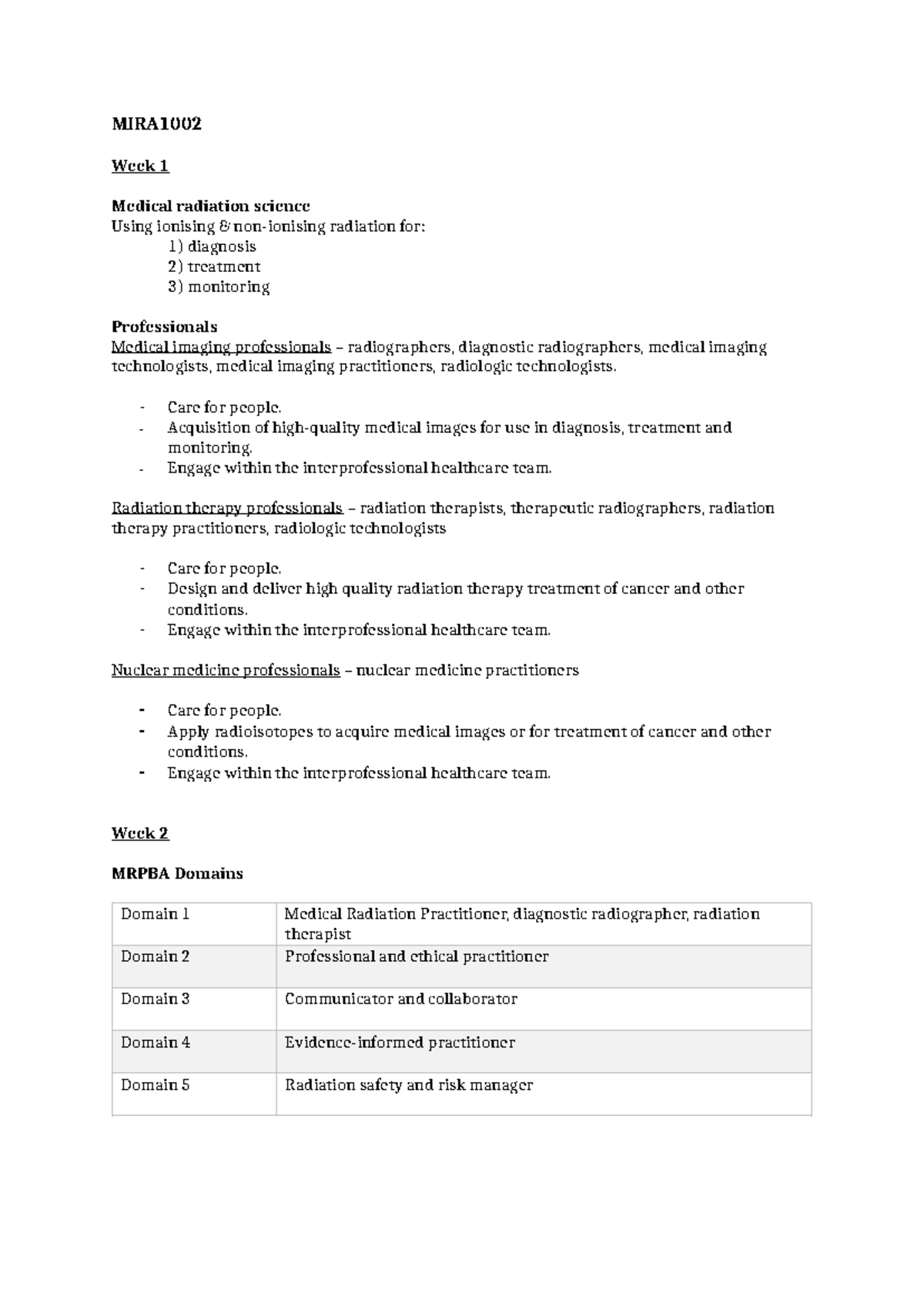 MIRA1002 - notes - MIRA Week 1 Medical radiation science Using ionising ...
