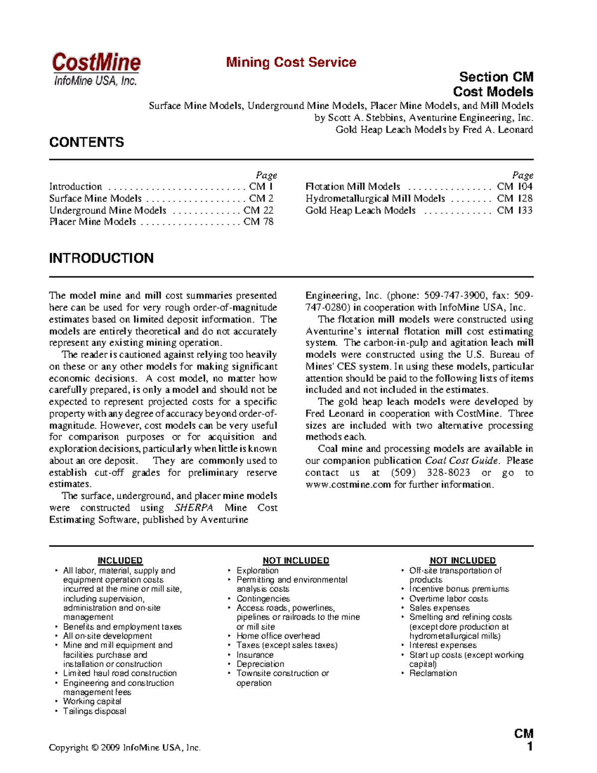 Cost Models Cost Mine Info Mine - CM Mining Cost Service Section CM ...