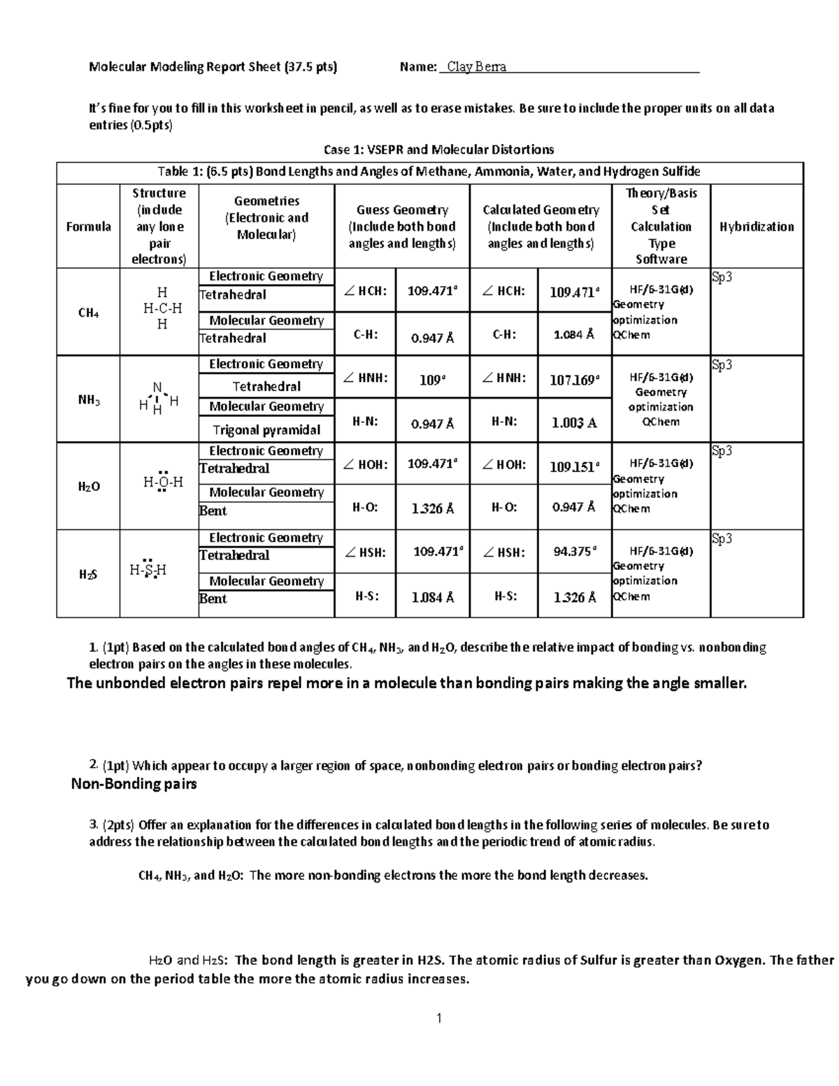 Chem 236 Molecular Lab Final Molecular Modeling Report Sheet 37 Pts Name Clay Berra Its
