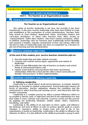 PROF ED 104 SG 4 - Study Guide - Unit 4 - The Teacher as School Culture ...