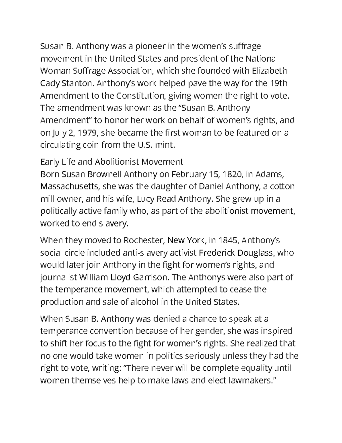 Susan B. Anthony Notes - Susan B. Anthony was a pioneer in the women’s ...