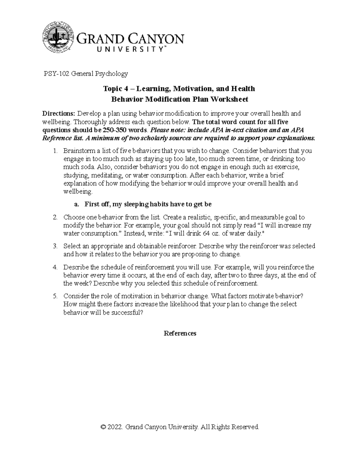 PSY 102 RS T4 Behavior Modification Plan - PSY-102 General Psychology ...