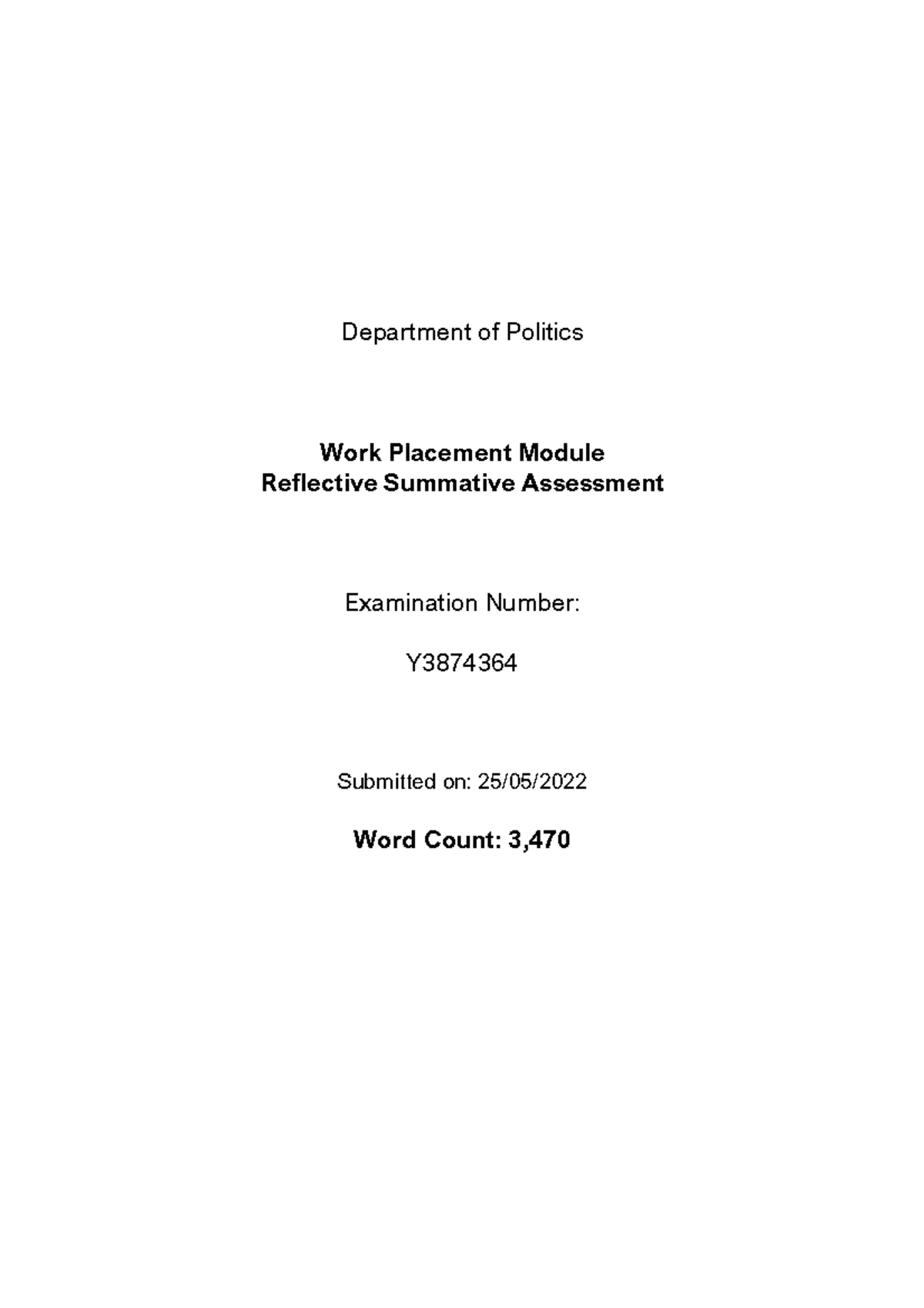 Summative Assessment - Department of Politics Work Placement Module ...