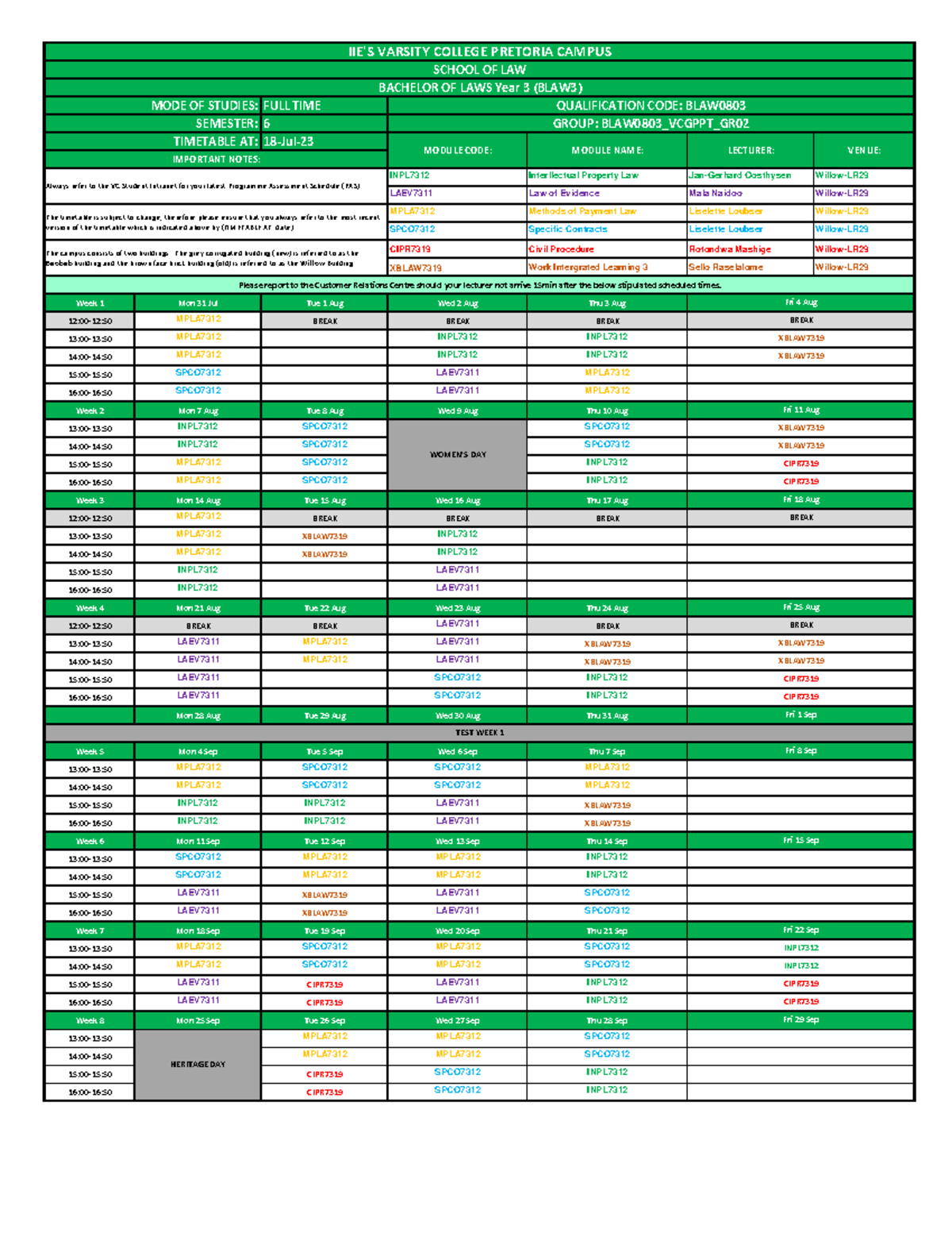 BLAW0802 BLAW3 Vcgppt GR02 Timetable 18 JULY 2023 - FULL TIME 6 18-Jul ...