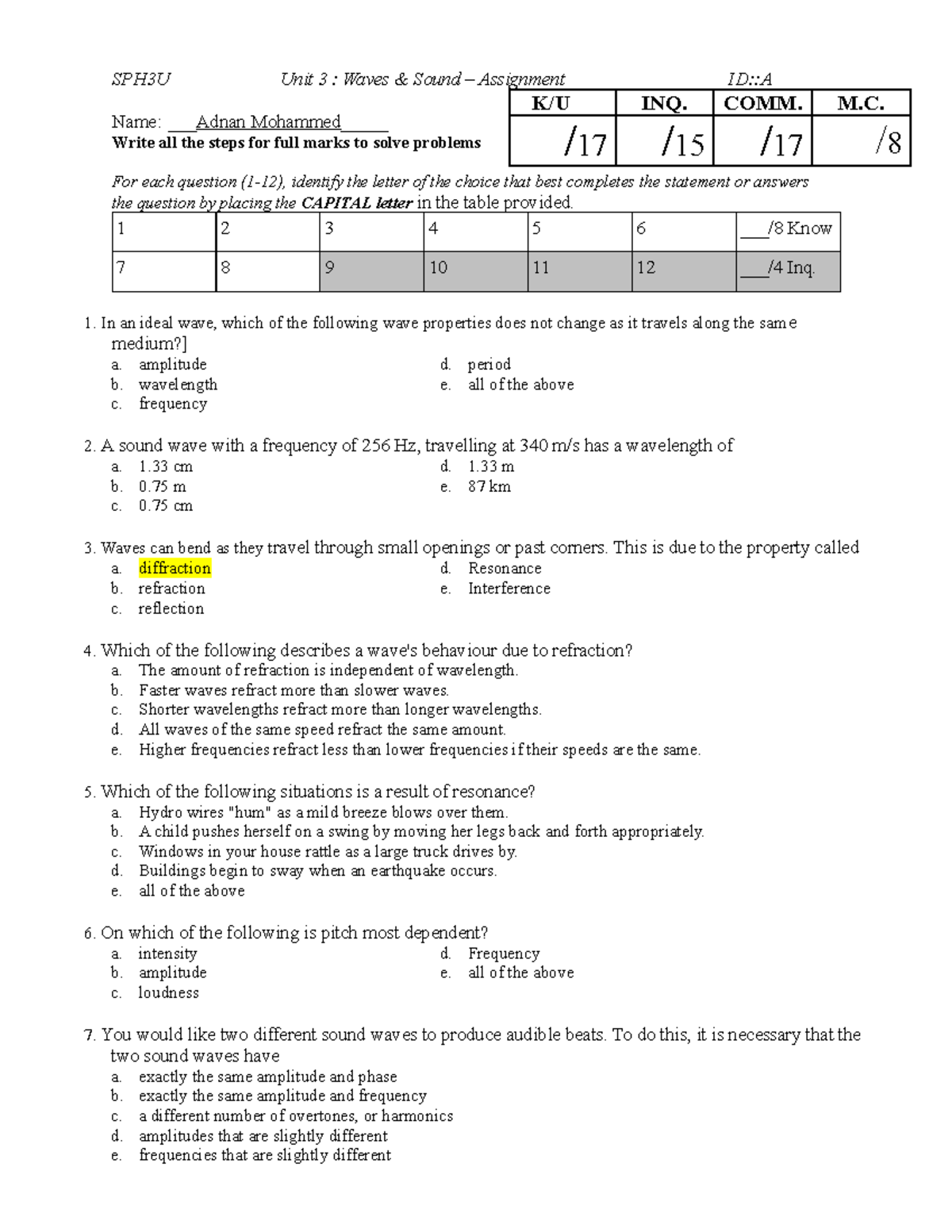 Unit 4 Assignment - Sound - SPH3U Unit 3 : Waves & Sound – Assignment ...