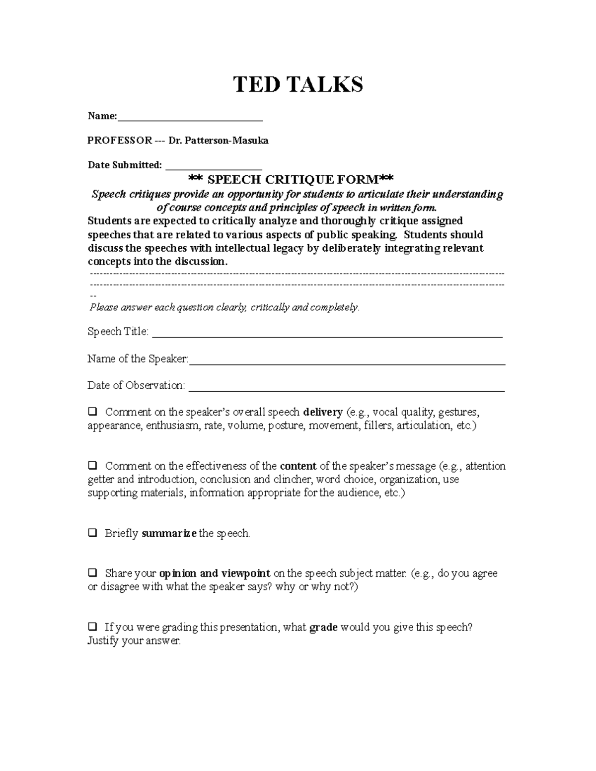 TED TALK Observation Form - TED TALKS Name ...