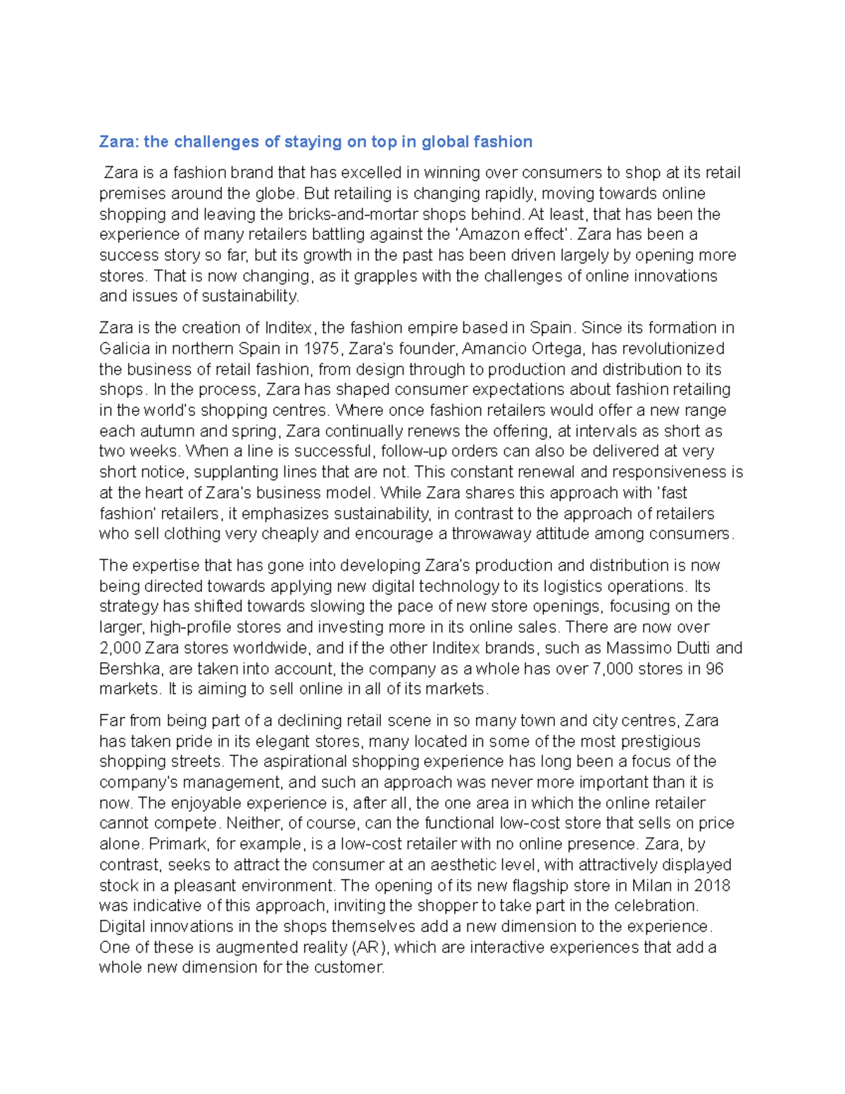 Case study 2 - Good material - Zara: the challenges of staying on top ...