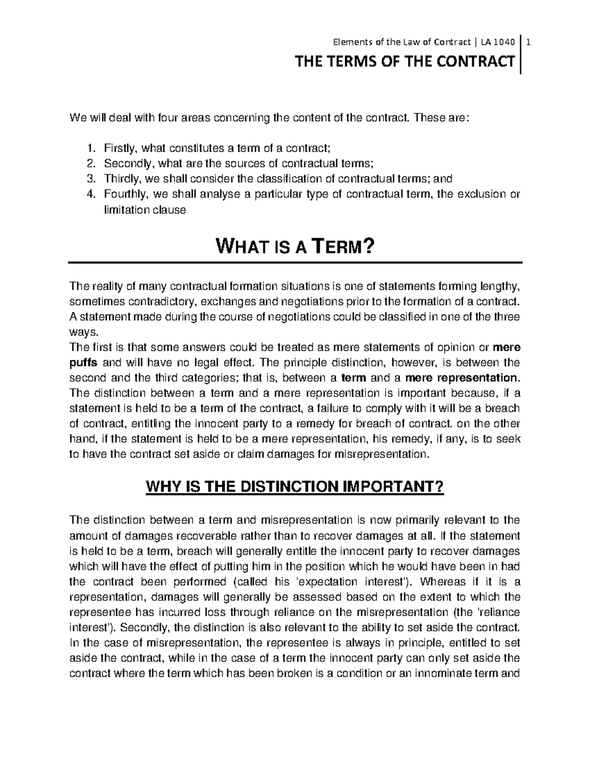 Terms - detailed contract law notes, for extra information. first year ...