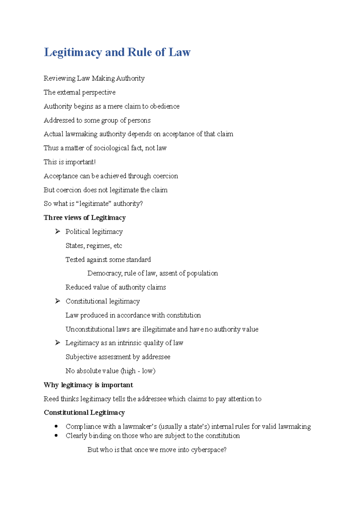 Notes - week 4 - Legitimacy and Rule of Law Reviewing Law Making ...