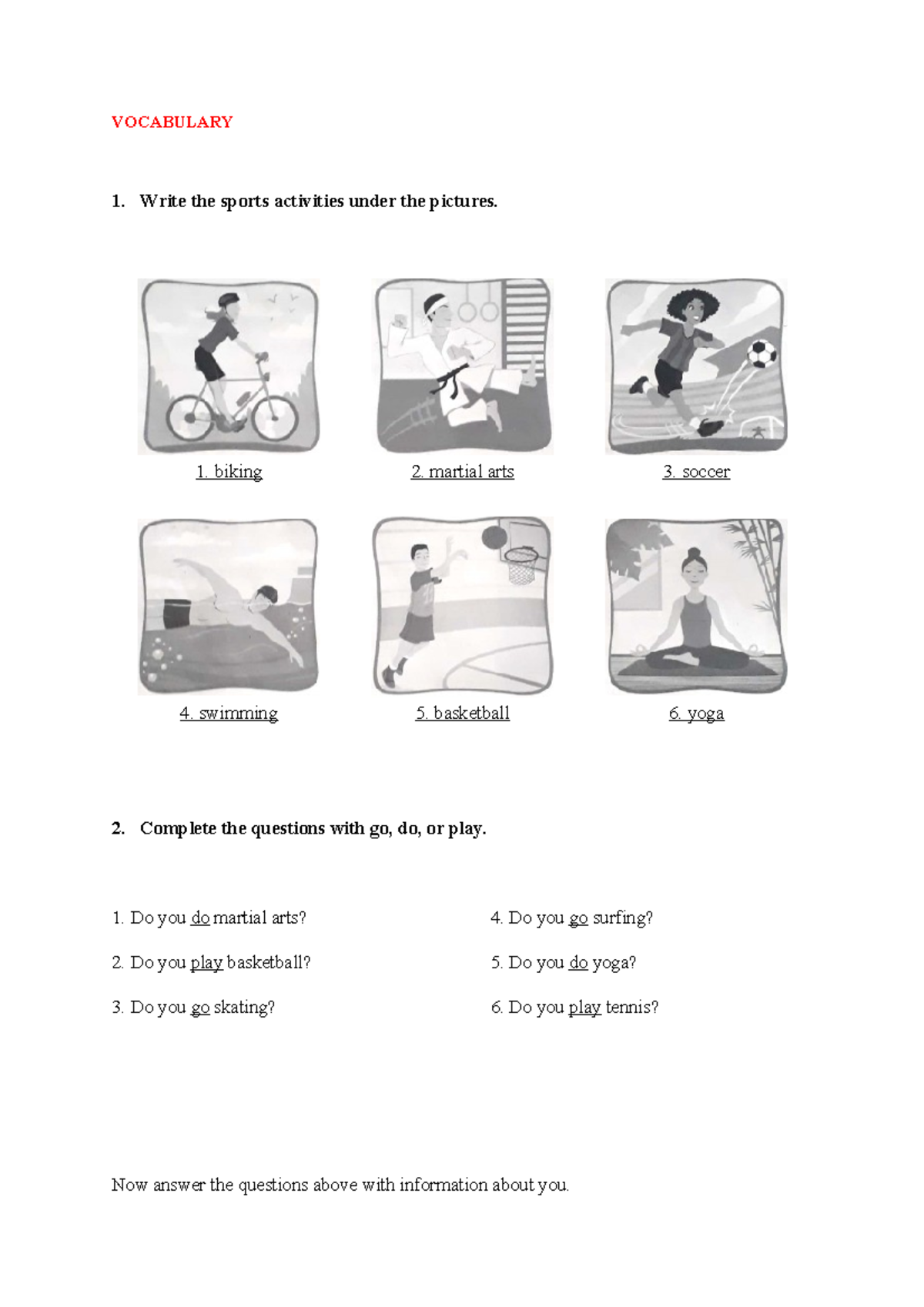 Ingles actividad #4 - VOCABULARY Write the sports activities under the ...