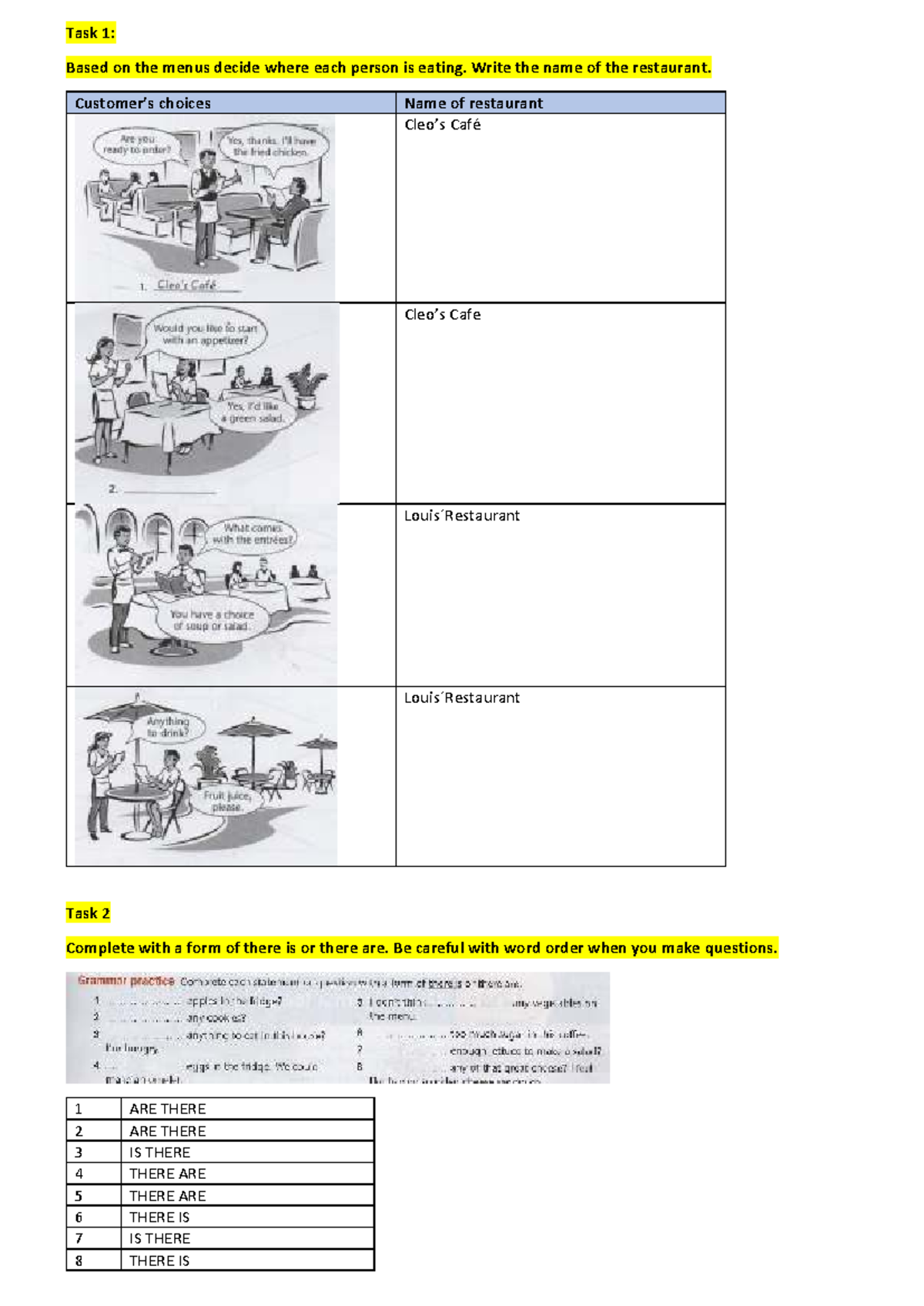 English TASK - TAREA - Task 1: Based on the menus decide where each ...