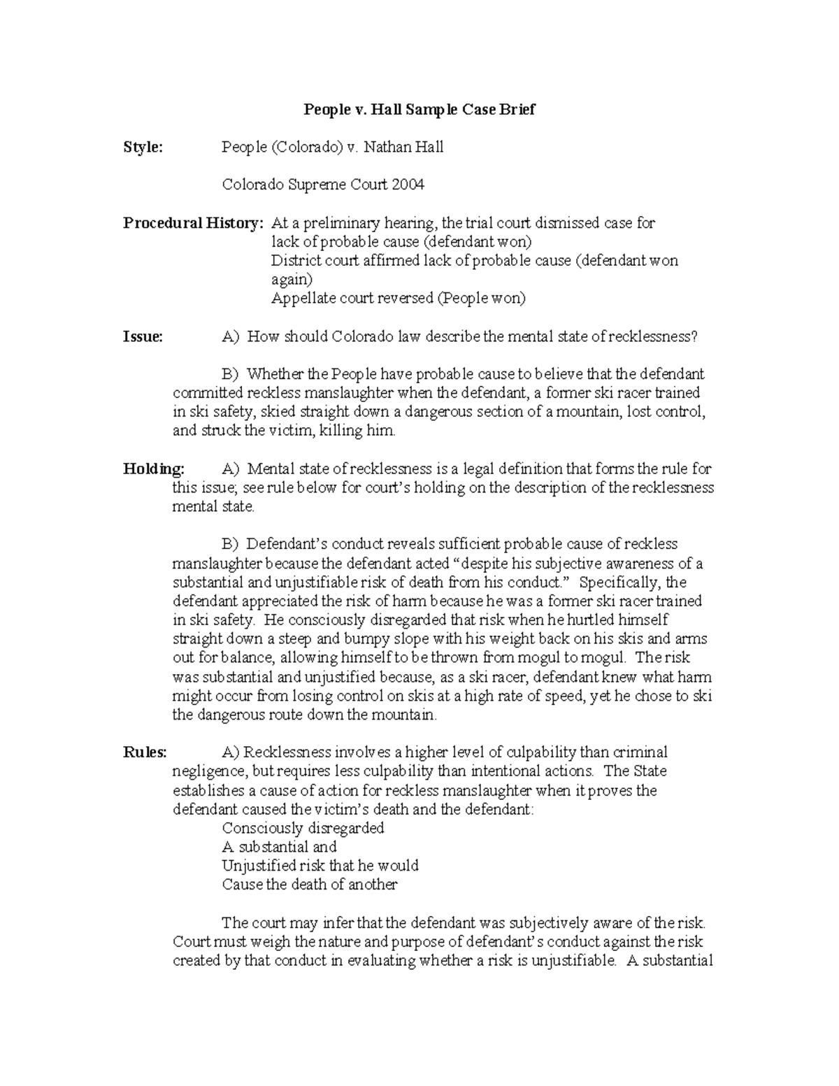 People v hall sample case brief pdf - People v. Hall Sample Case Brief ...