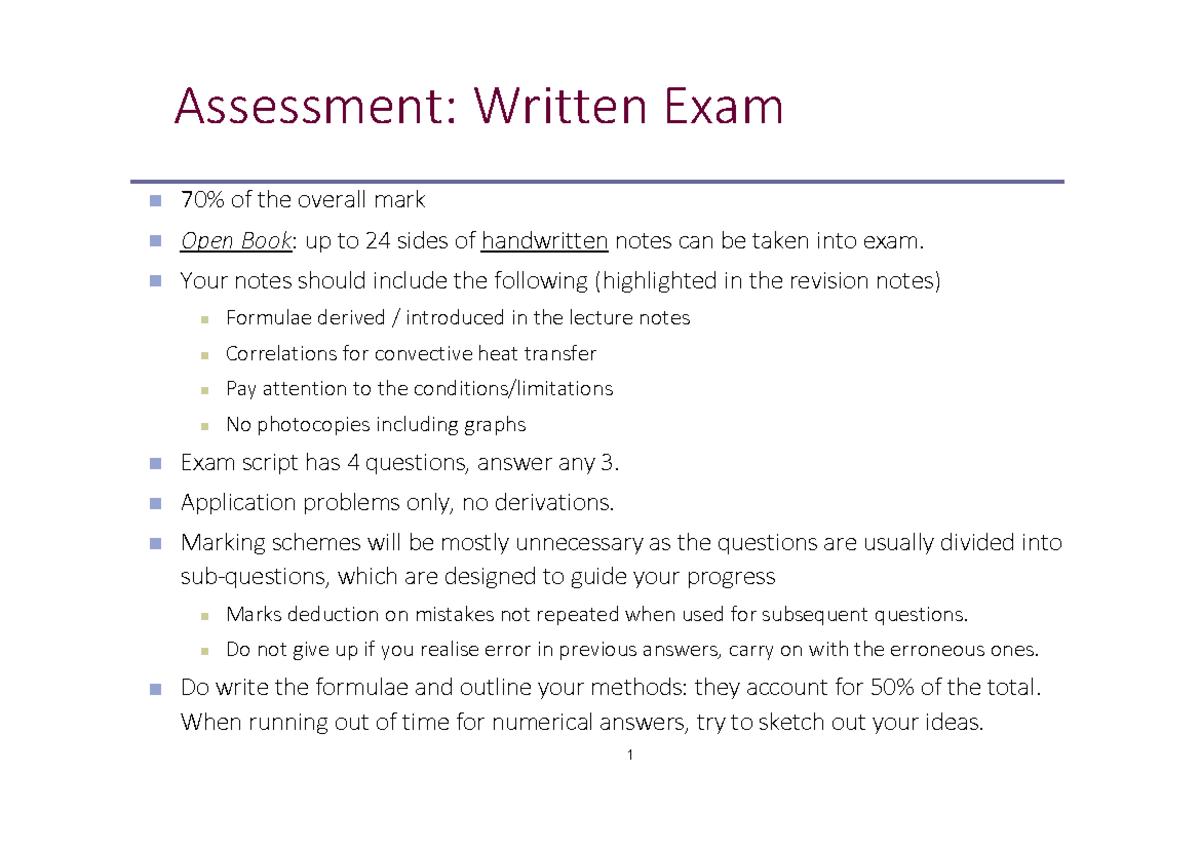 4) Revision Summary - 1 Assessment: Written Exam 70% of the overall ...