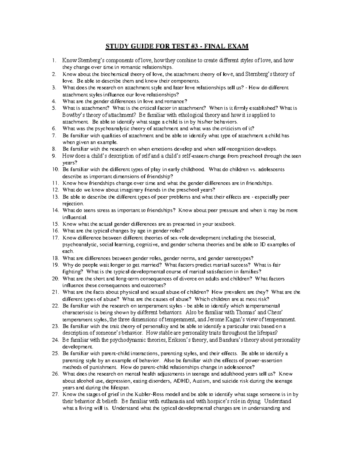 Study guide for test 3 - USEFUL MATERIAL - STUDY GUIDE FOR TEST FINAL ...