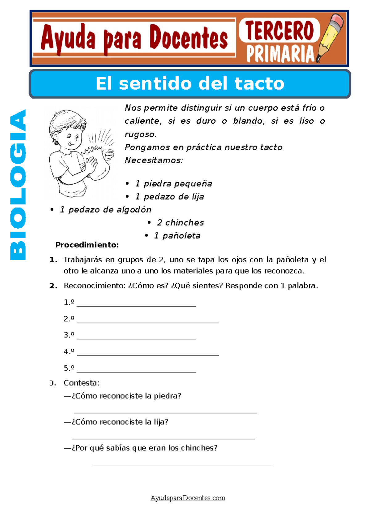 Sentido del Tacto para Tercero de Primaria - Nos permite distinguir si ...