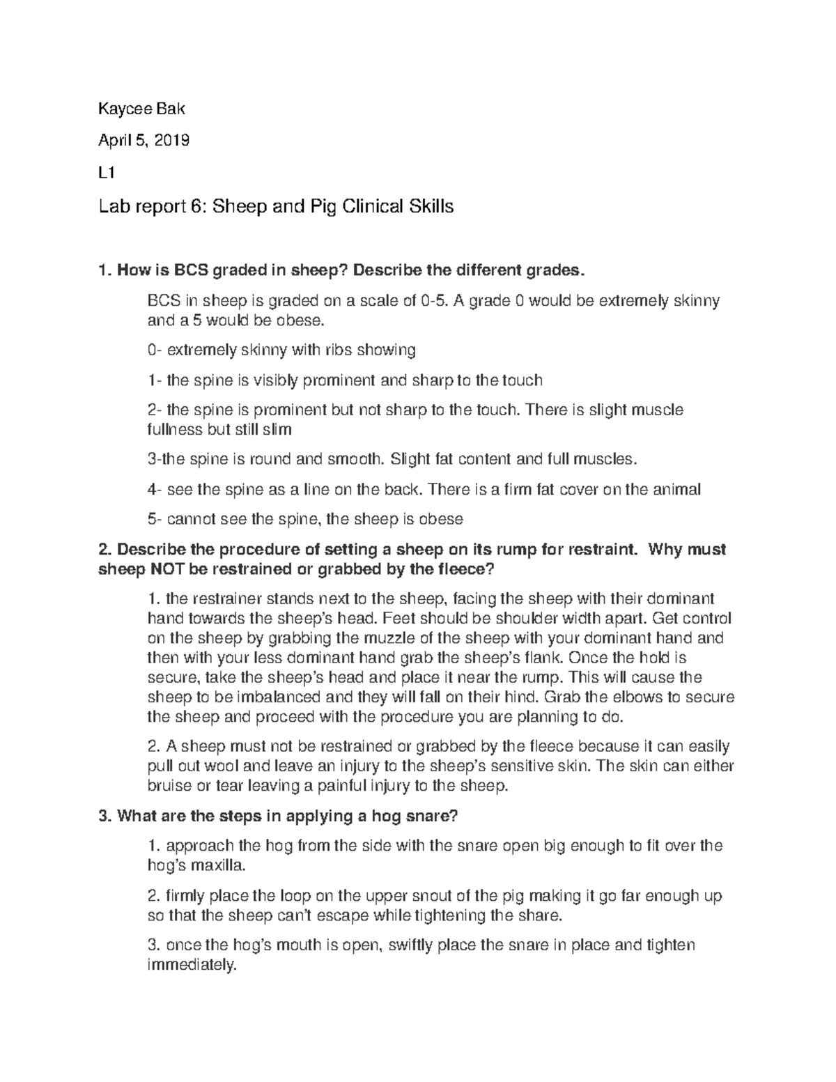LA lab report 6 PIG AND Sheep - Kaycee Bak April 5, 2019 L Lab report 6 ...