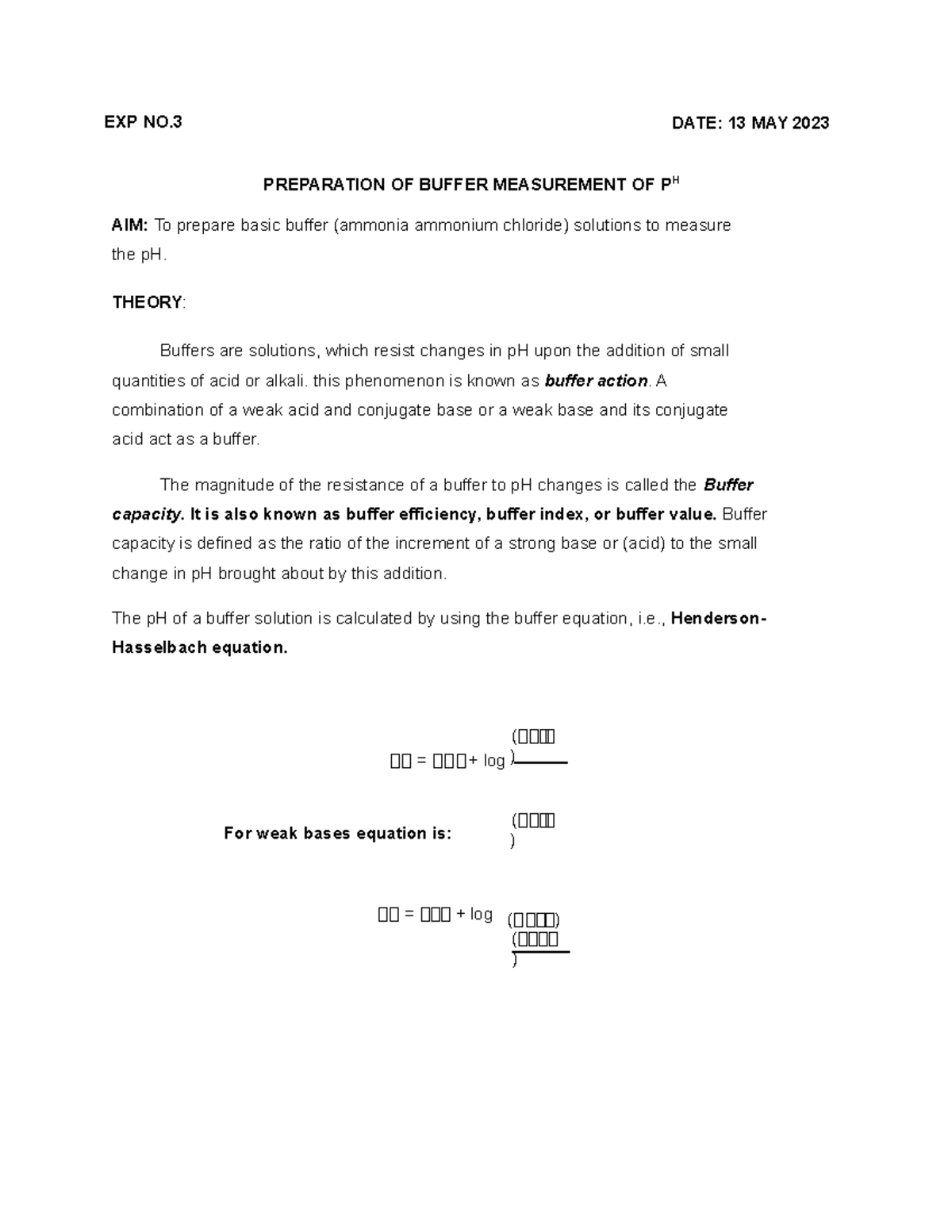 PREPARATION OF BUFFER MEASUREMENT OF PH - EXP NO. DATE: 13 MAY 2023 PREPARATION OF BUFFER - Studocu
