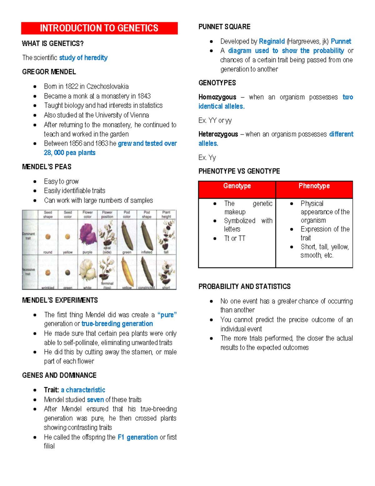 GENE Prelim - Lecture notes for Genetics - INTRODUCTION TO GENETICS ...