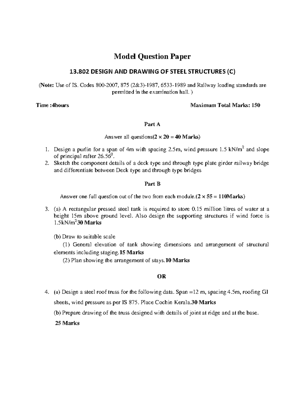 Design and Drawing Of Steel Structures -Model Question Paper - Model ...