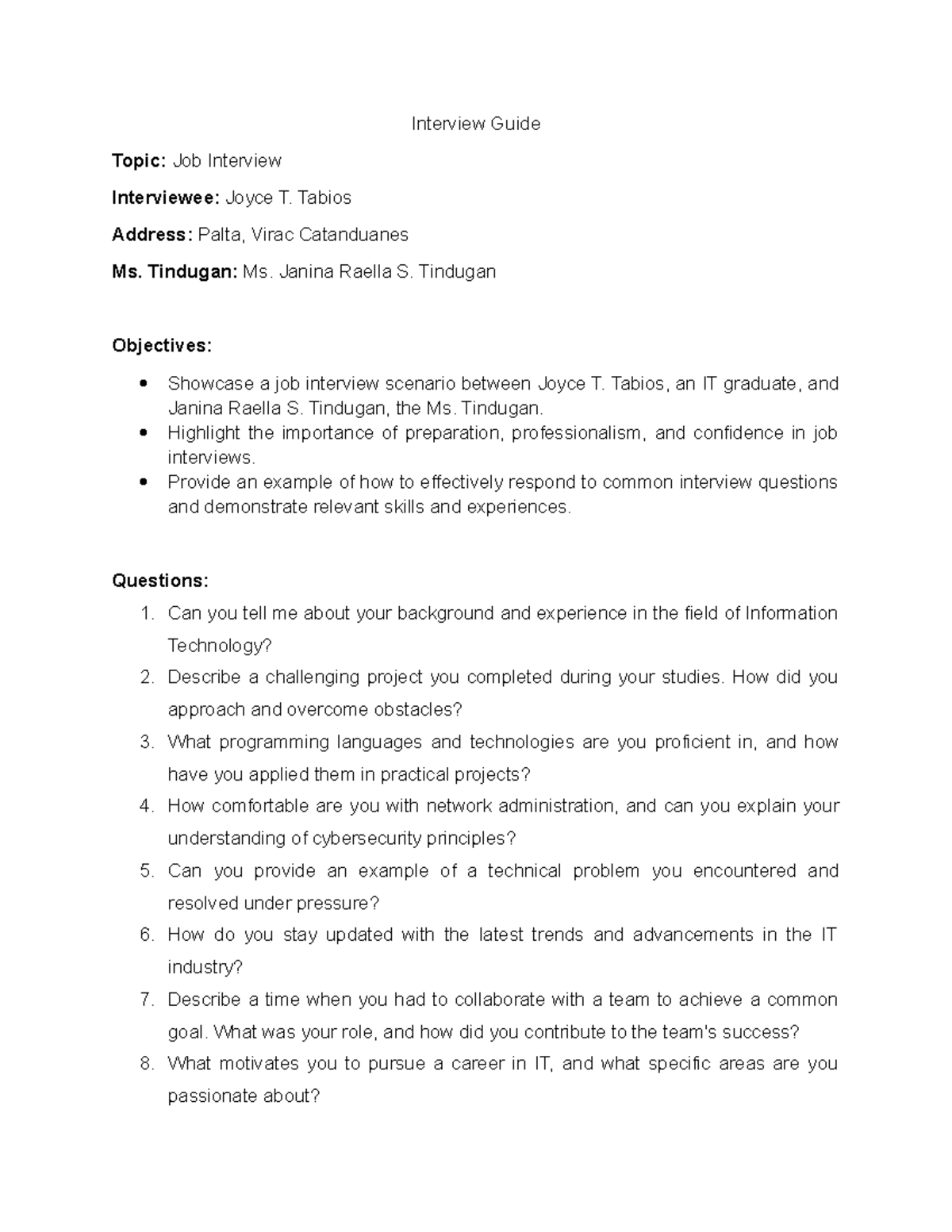 Interview Guide Full Script - Interview Guide Topic: Job Interview ...