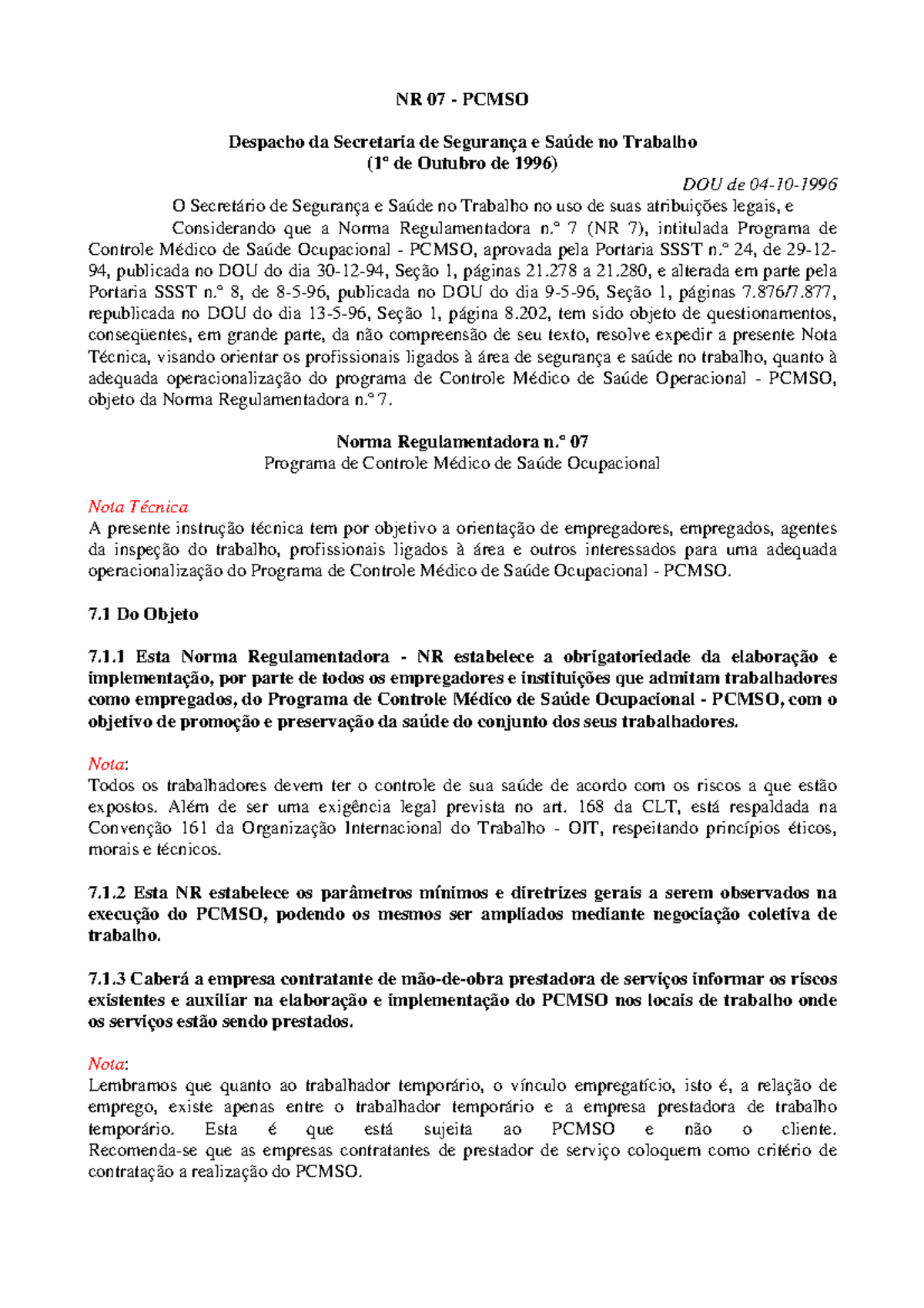 NR7NOTA - NR7 - NR 07 - PCMSO Despacho da Secretaria de Segurança e ...