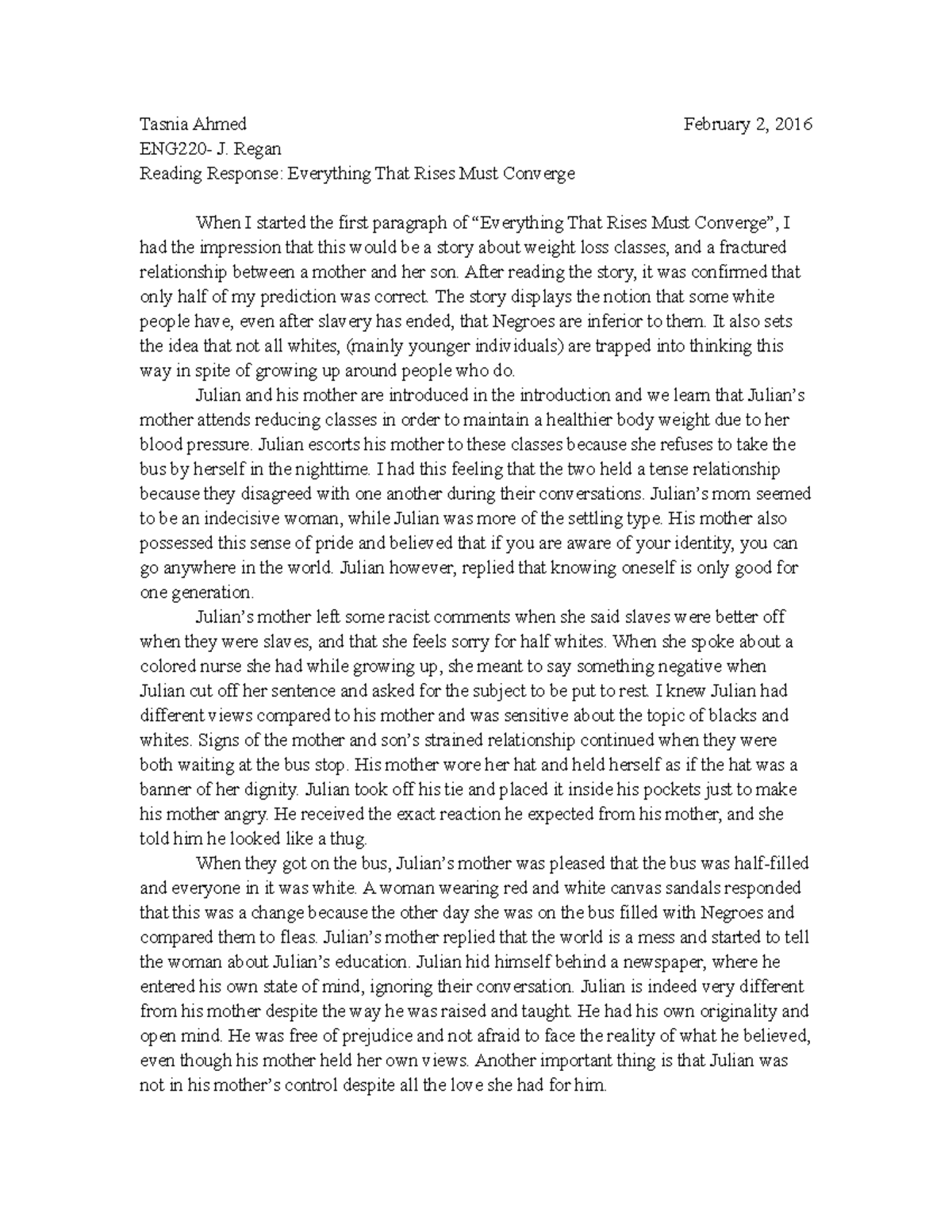 Everything that rises - Tasnia Ahmed J. Regan Reading Response ...